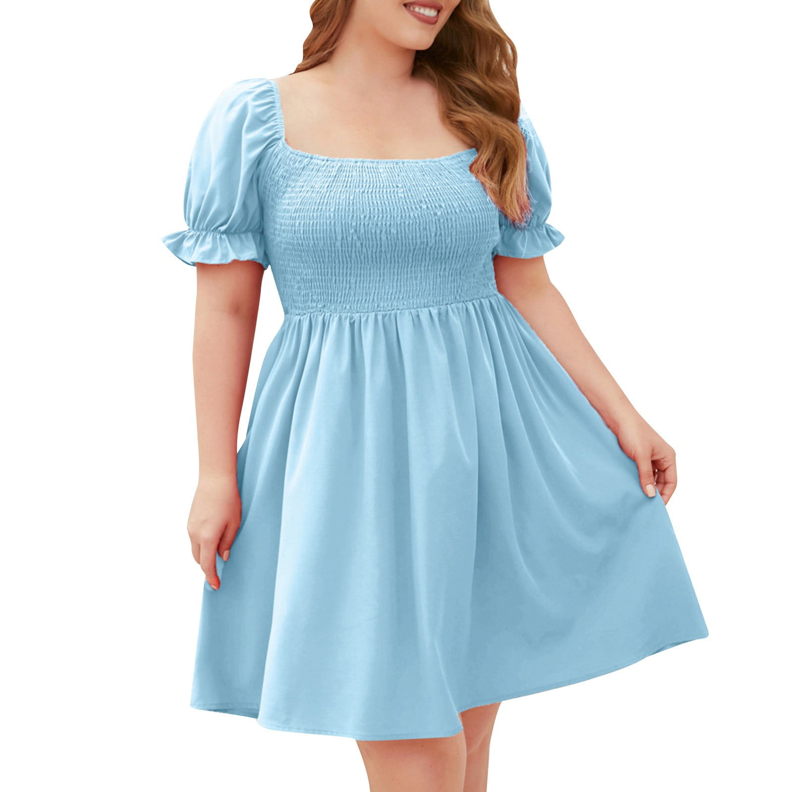 Women's Summer Mini Dresses Casual Square Neck Smocked Puff Sleeve Cute ...