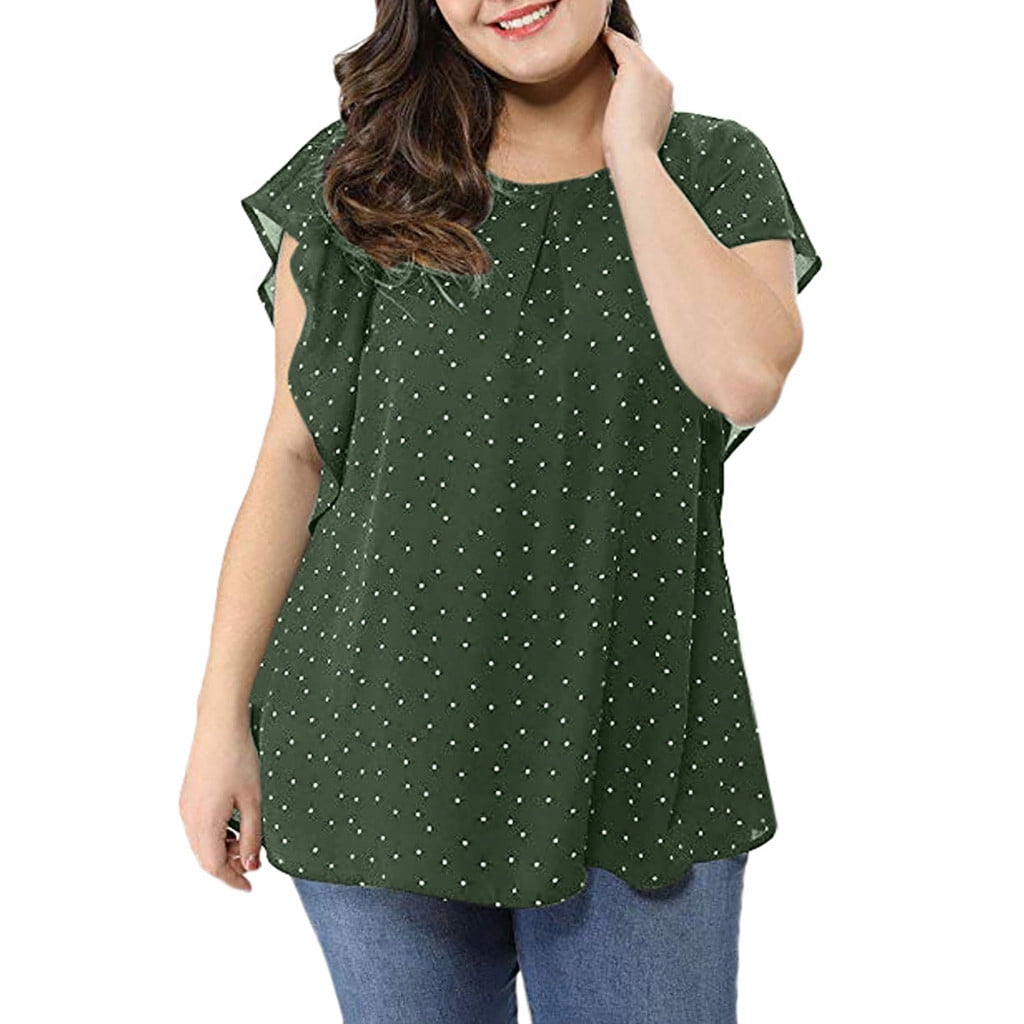 Women's Summer Plus Size Ruffle Sleeve Shirt Top Polka Dot Chiffon ...