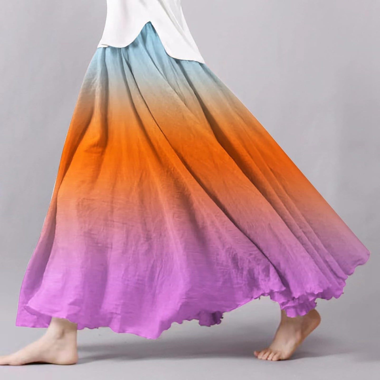 Women's Summer Printed Linen Wrap Skirt Elastic Waist A Line Boho Beach ...