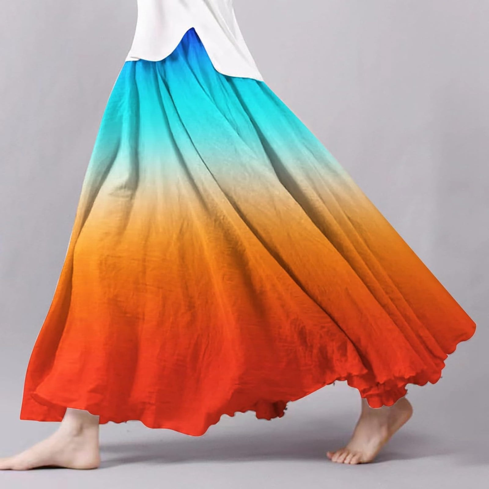 Women's Summer Printed Linen Wrap Skirt Elastic Waist A Line Boho Beach ...