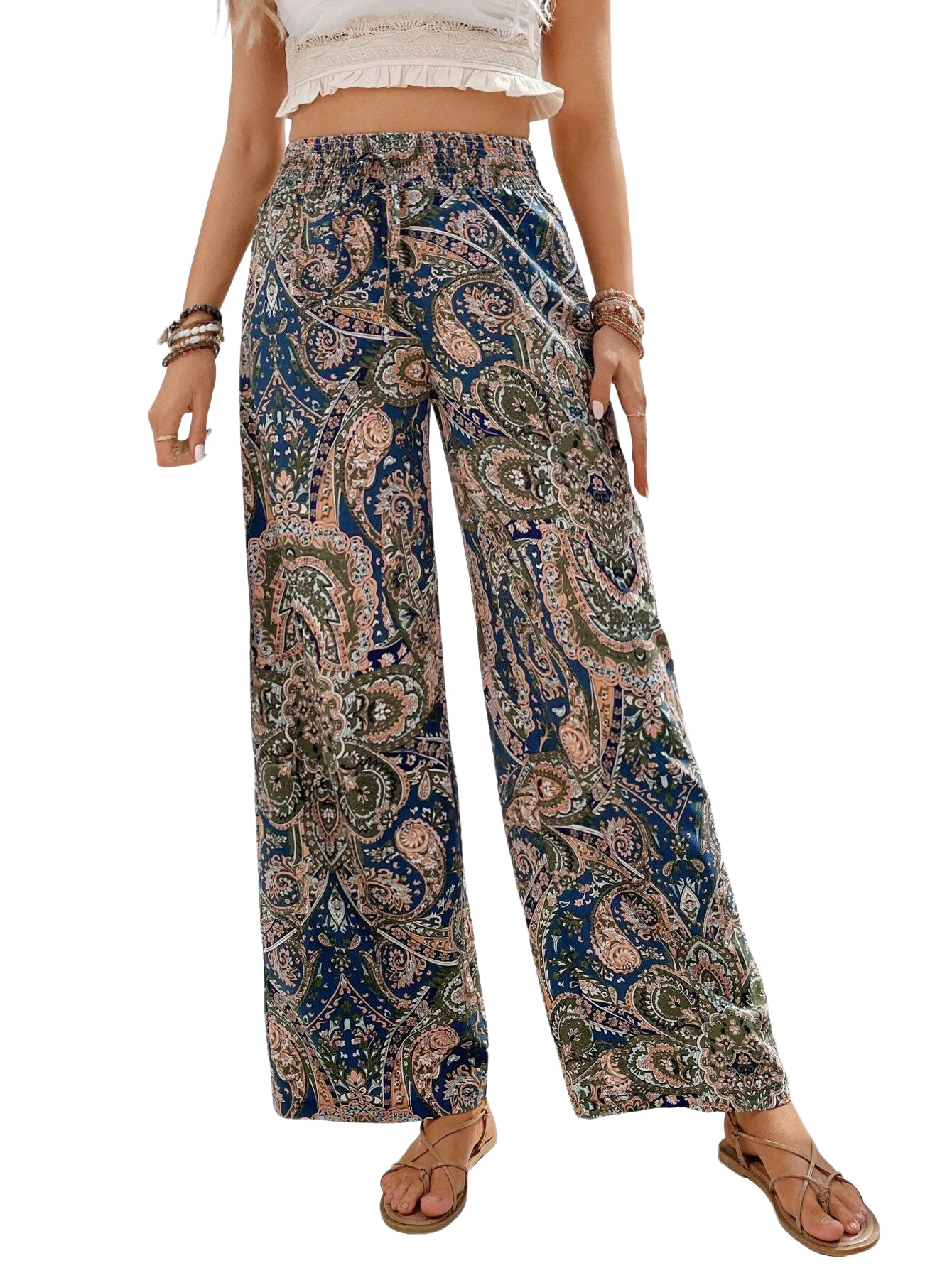 Women's Summer Printed Wide Leg Pants Casual Peplum Pants Ethnic Style ...