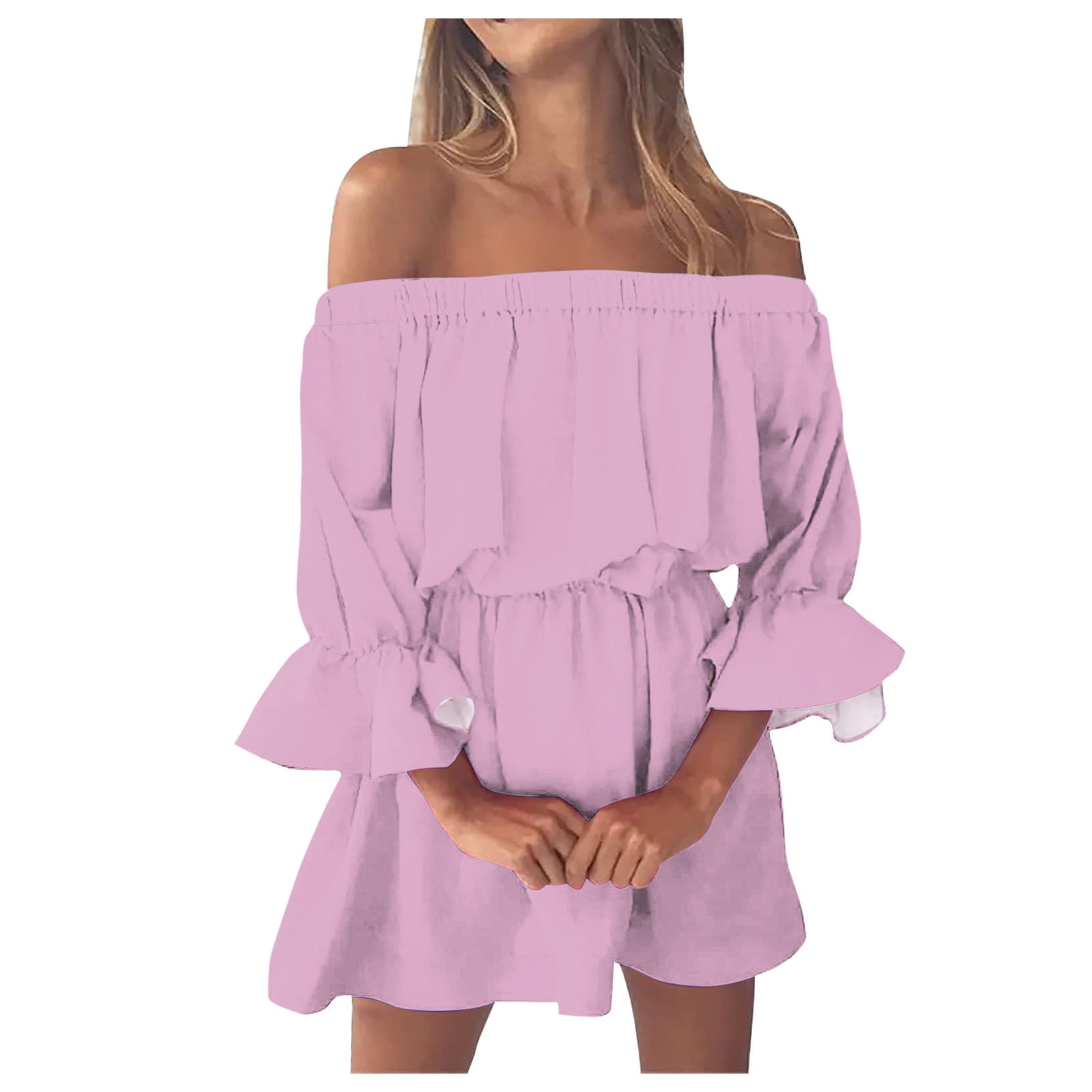 Womens Summer Puff Sleeve Off Shoulder Mini Dress Ruffled A Line Flowy
