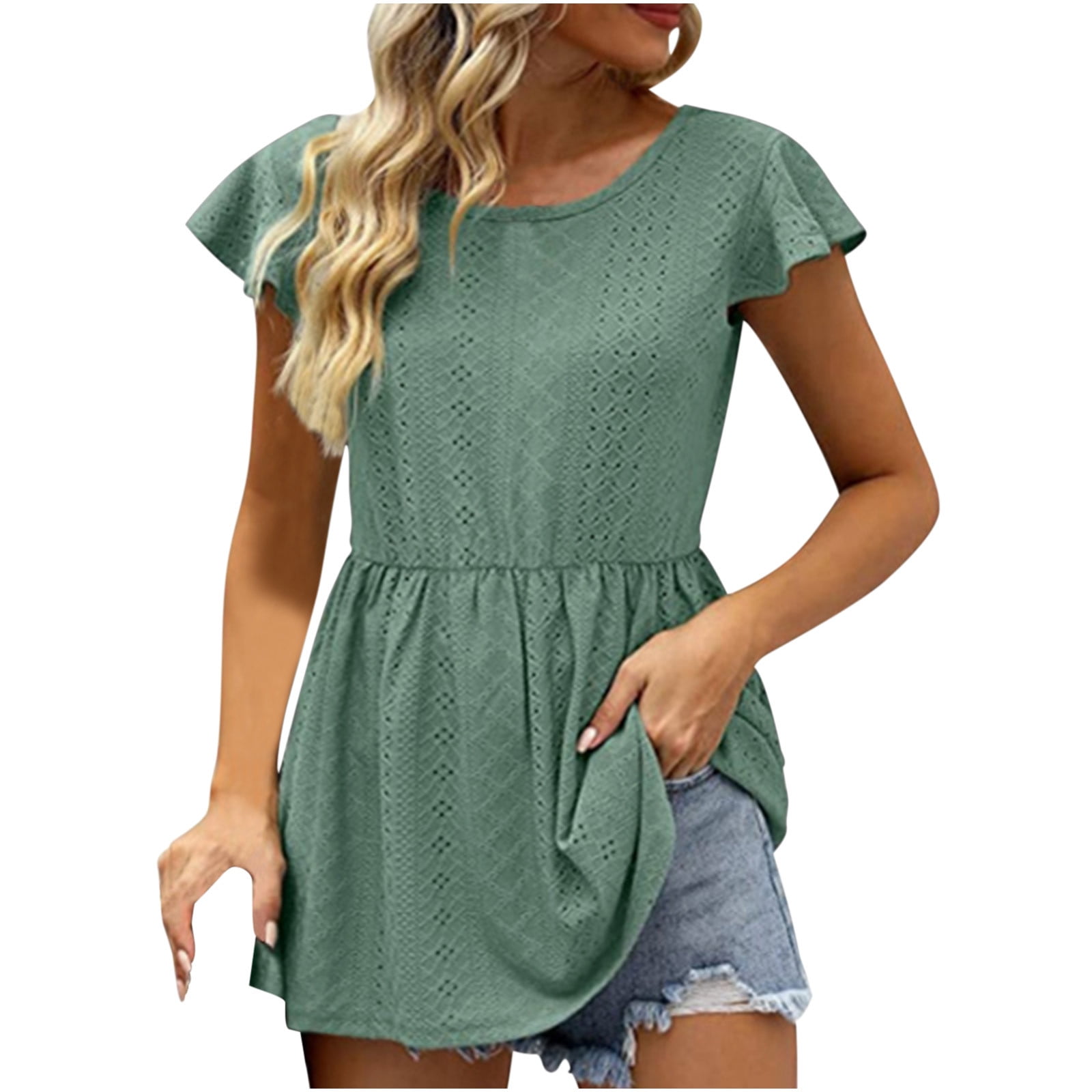 Women's Summer Ruffle Short Sleeve Shirts Babydoll V Neck Tops Eyelet Loose Swing Blouses Casual ...