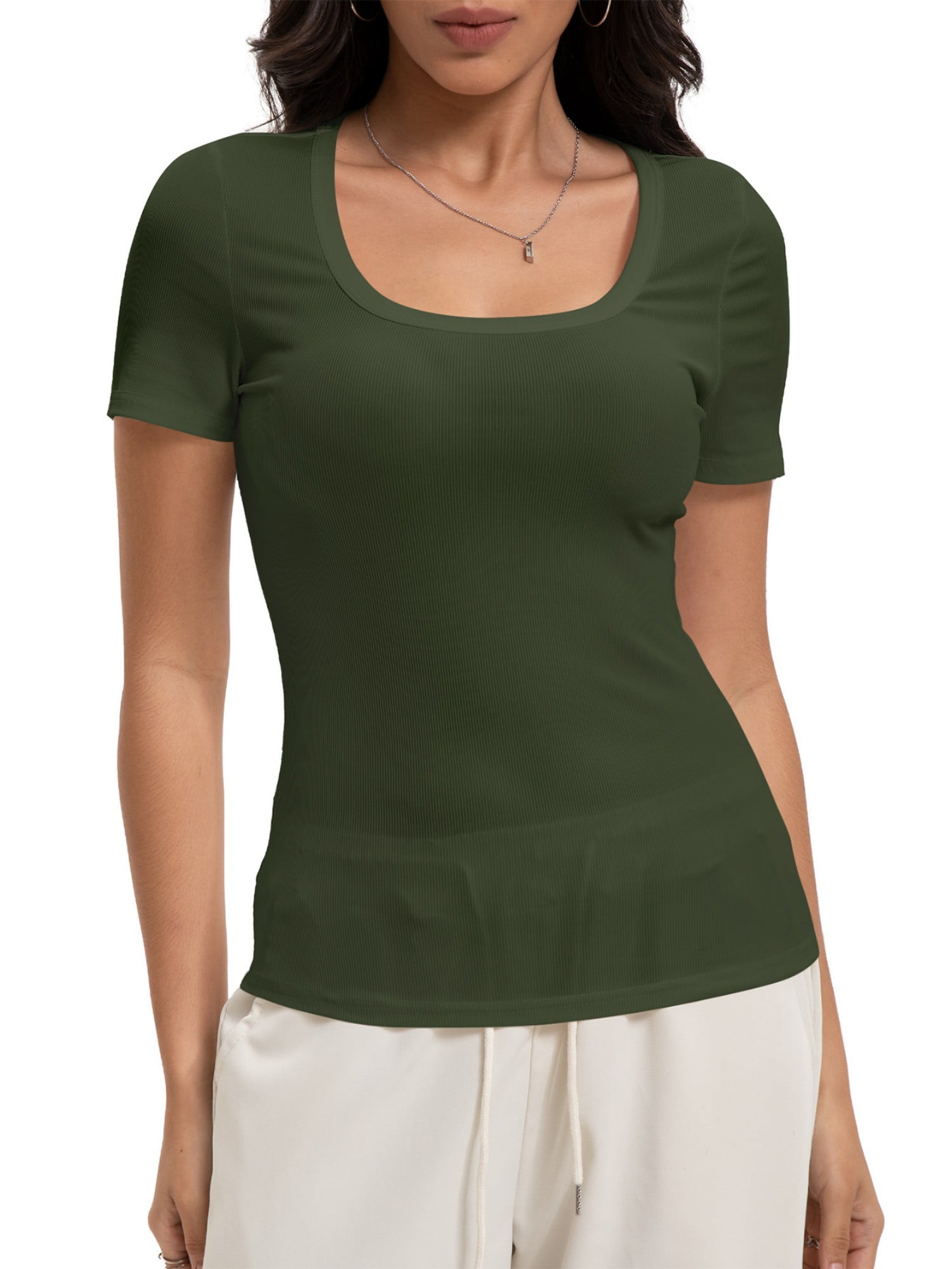 Women's Summer Scoop Neck Short Sleeve T-Shirts Ribbed Knit Slim Fitted Casual Basic Top ...