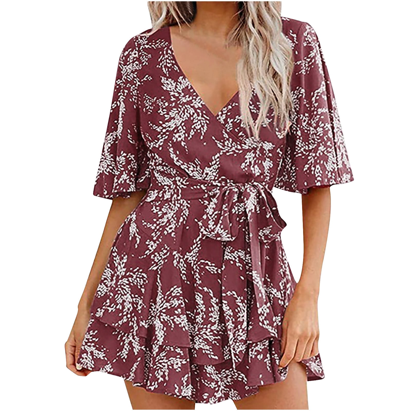 Women's Summer Short Flared Sleeve Romper V Neck Floral Print Jumpsuit ...