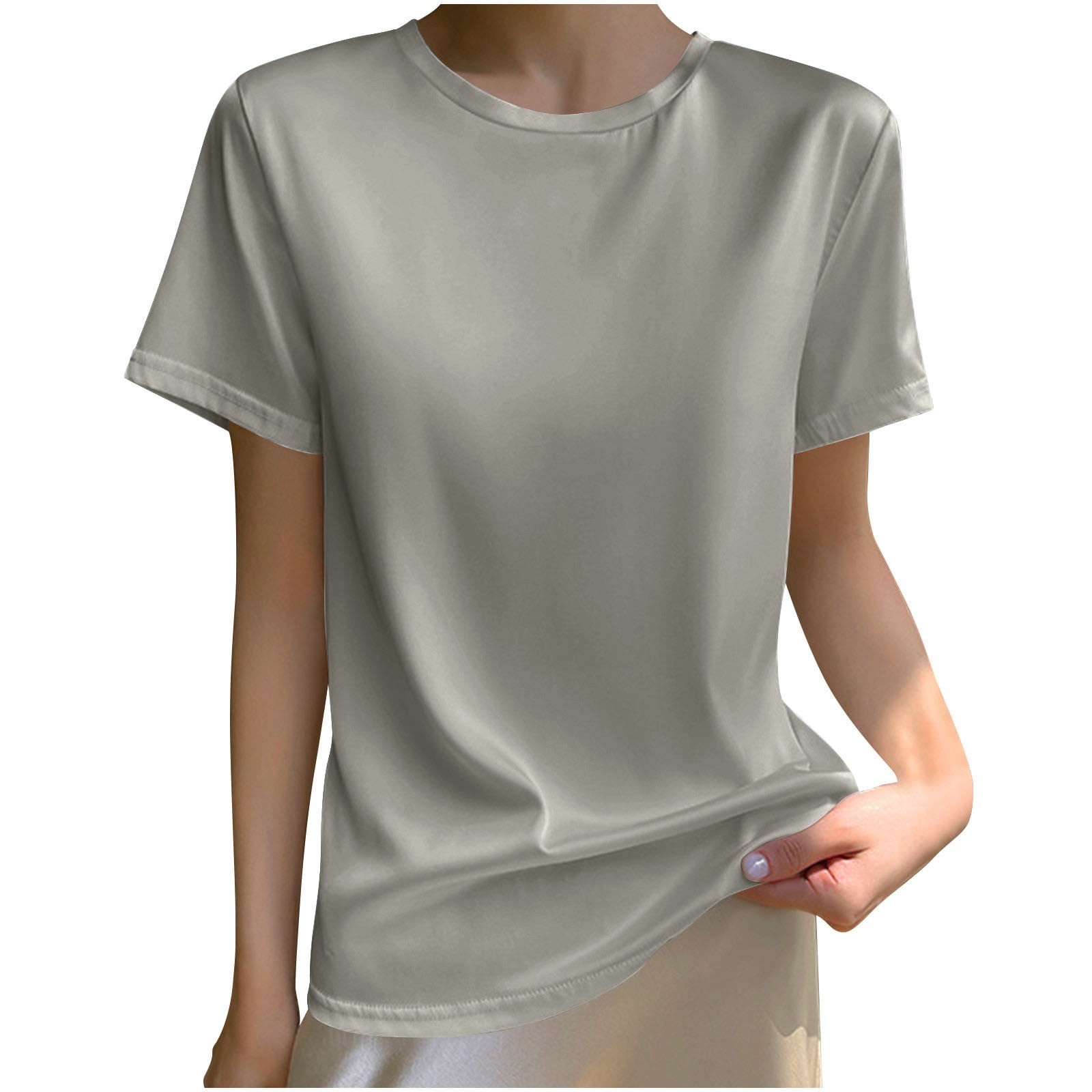 Women's Summer Silk Satin Blouse Tops Crewneck Short Sleeve Tee Shirt ...