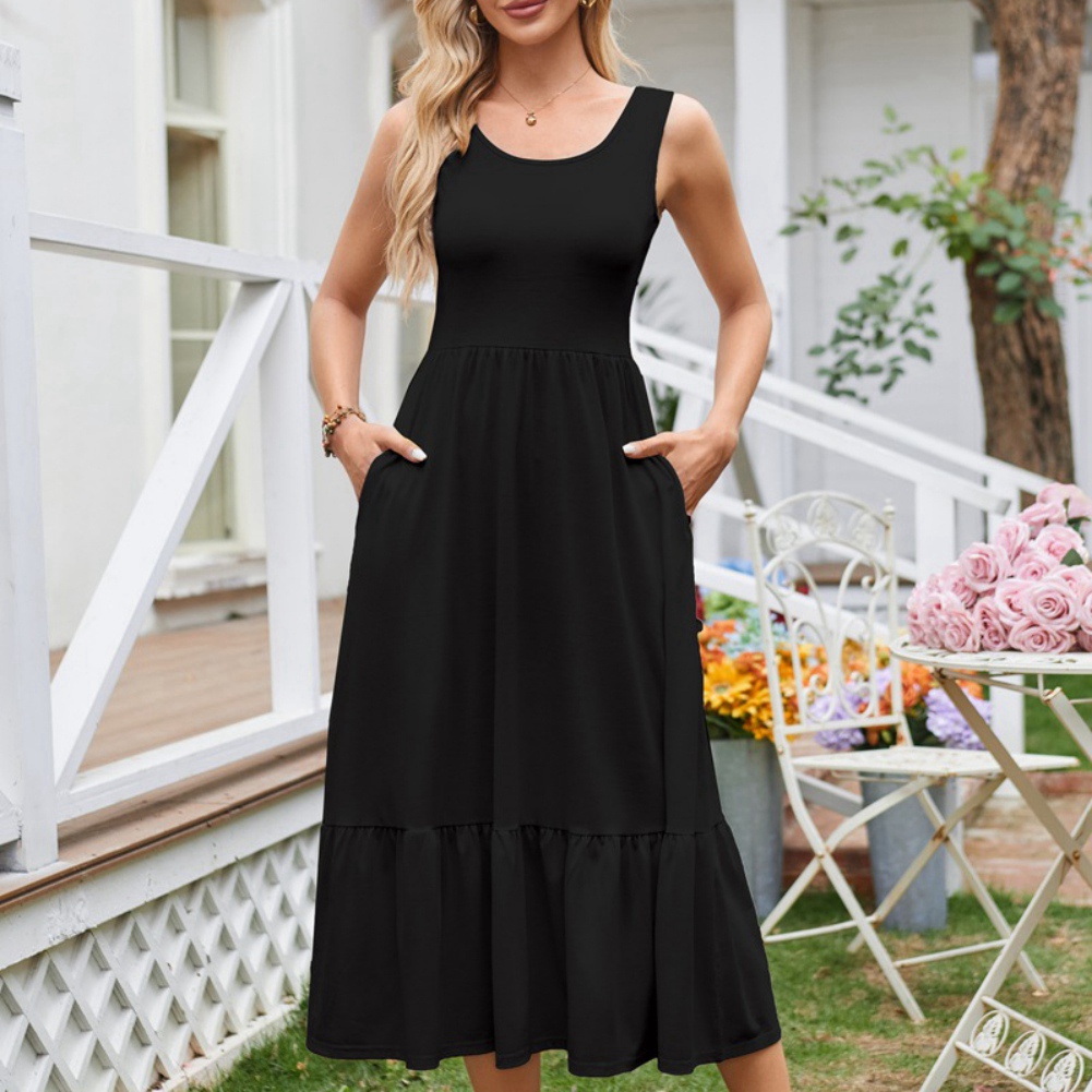 Women's Summer Sleeveless Dress Pleated Tiered Swing Casual Maxi ...