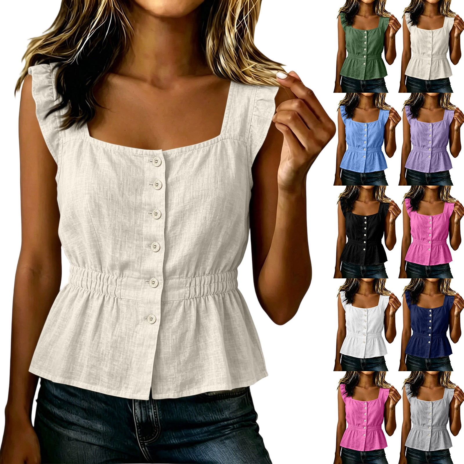 Women's Summer Sleeveless Tank Tops Button down Square Neck Tops 2026 ...