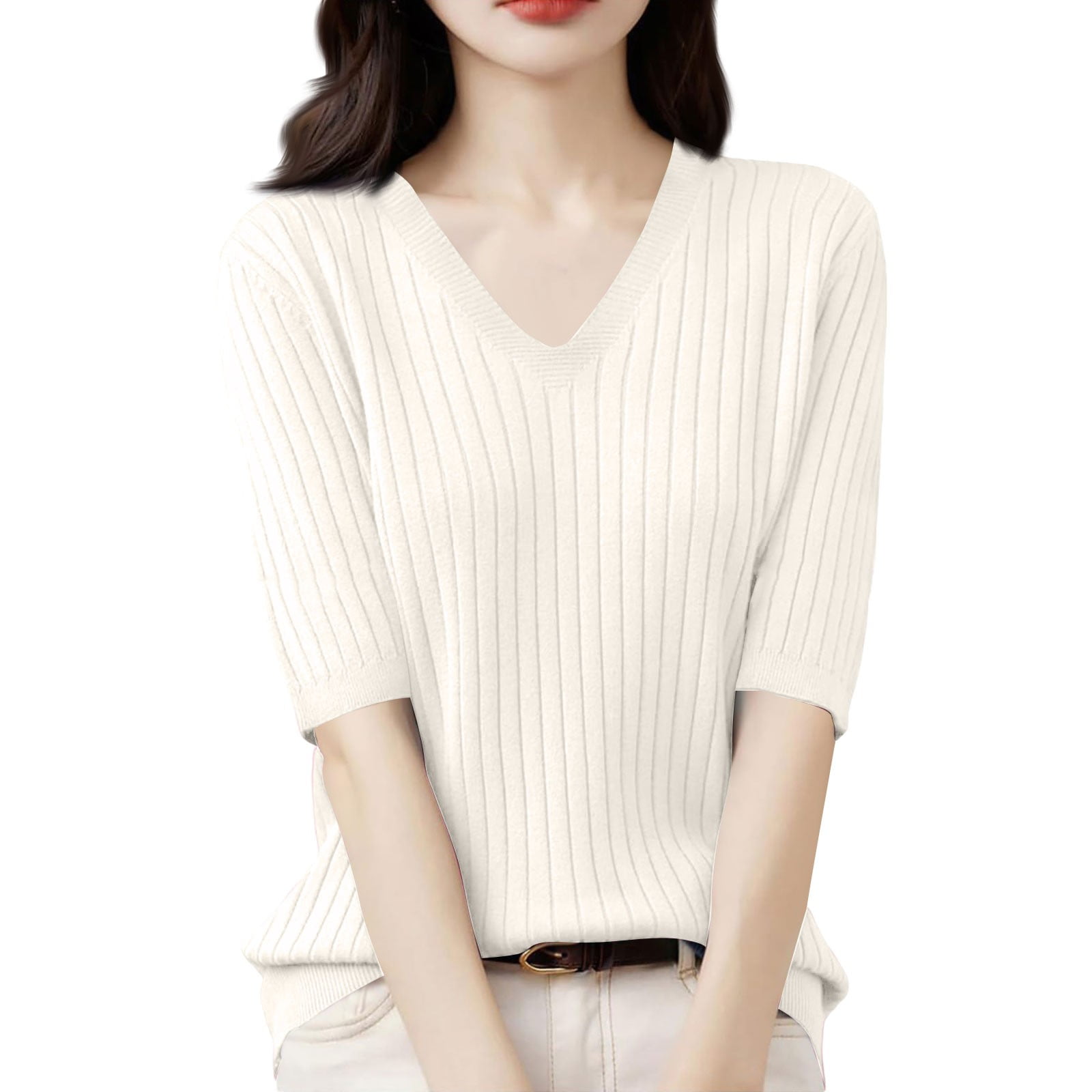 Women's Summer Sweater Short Sleeve V-Neck Breathable Cotton Pullover ...