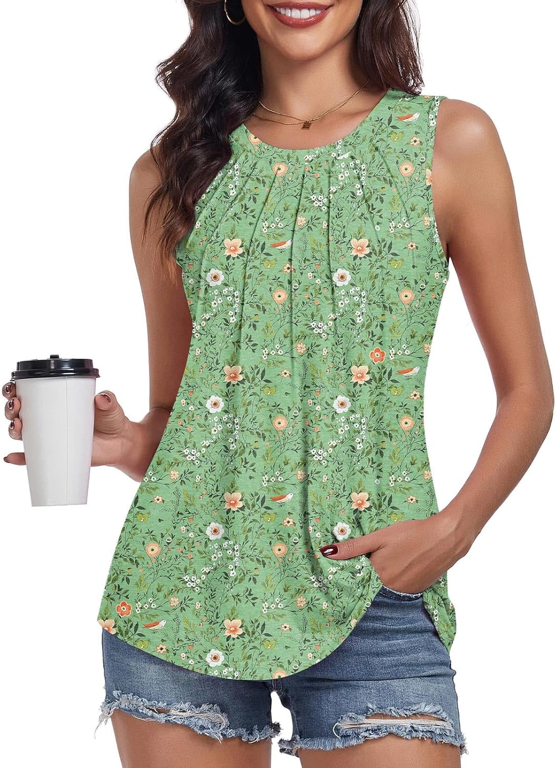 WUJINXIA Women's Summer Tank Tops, Sleeveless Round Neck, Pleated Front ...