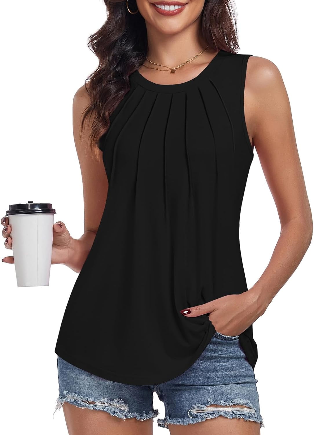 Women's Summer Tank Tops Pleated Round Neck Sleeveless Tops - Walmart.com