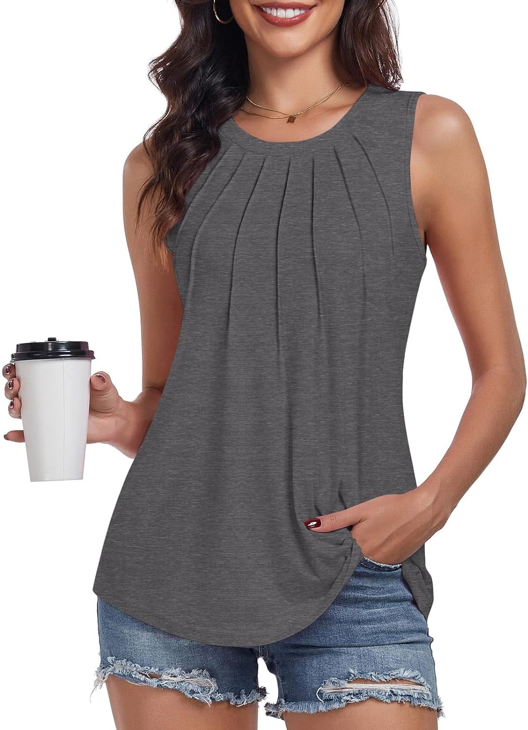 WUJINXIA Women's Summer Tank Tops, Sleeveless, Round Neck, Pleated ...