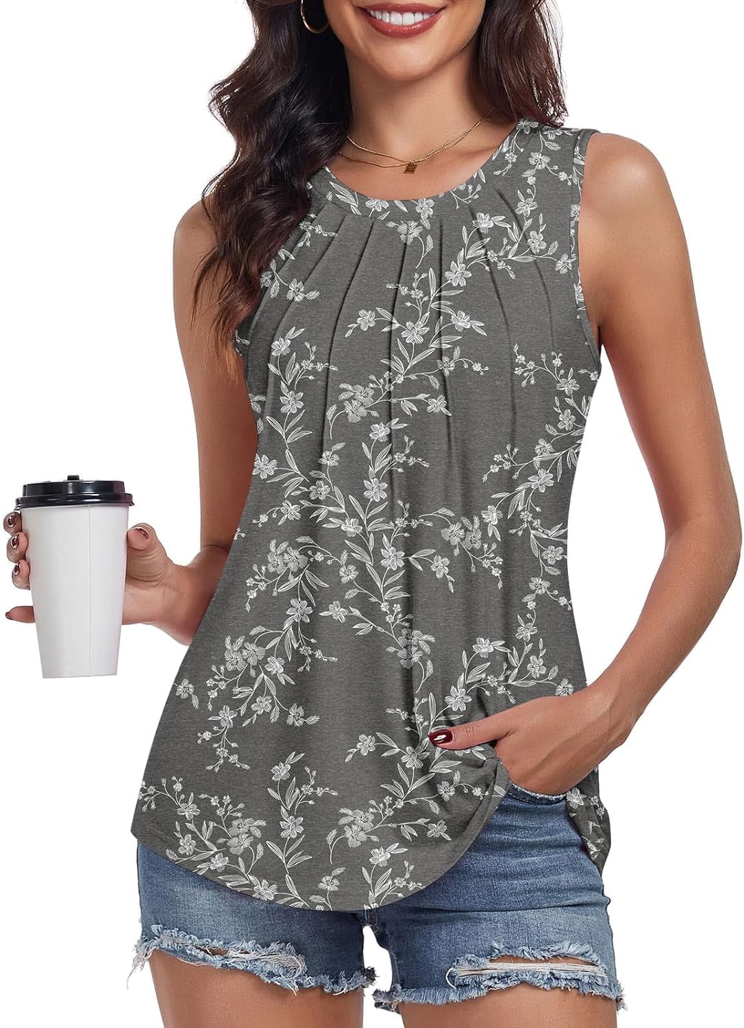 WUJINXIA Women's Summer Tank Tops, Pleated Round Neck, Sleeveless ...