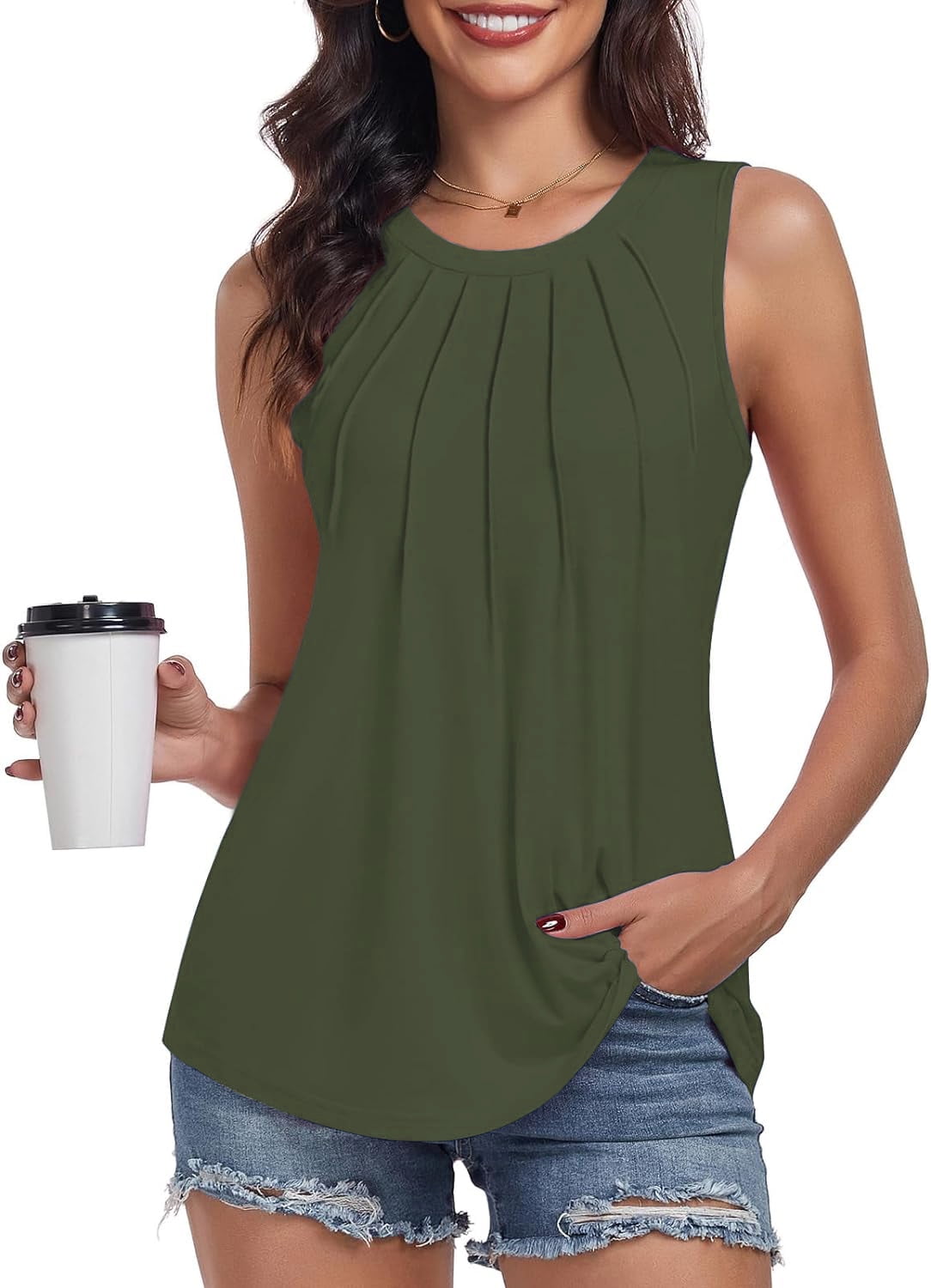 Women's Summer Tank Tops Pleated Round Neck Sleeveless Tops - Walmart.com