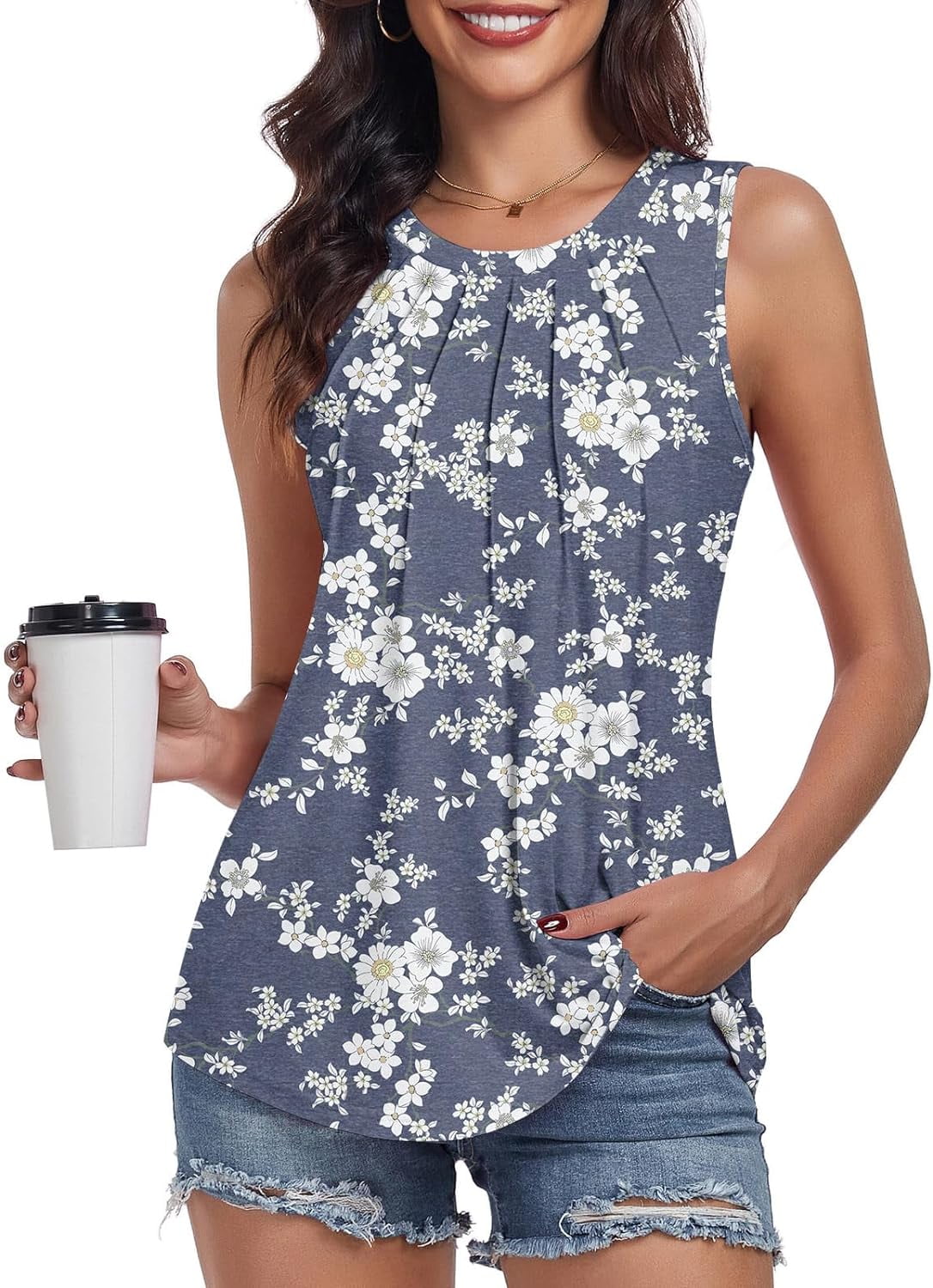 Women's Summer Tank Tops Pleated Round Neck Sleeveless Tops - Walmart.com