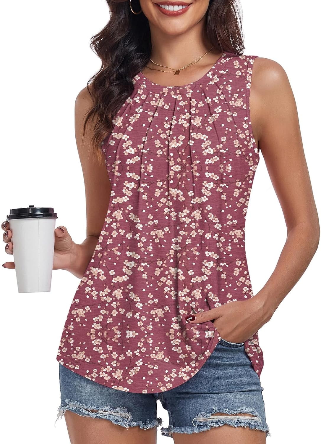 Womens Summer Tank Tops Pleated Round Neck Sleeveless Tops