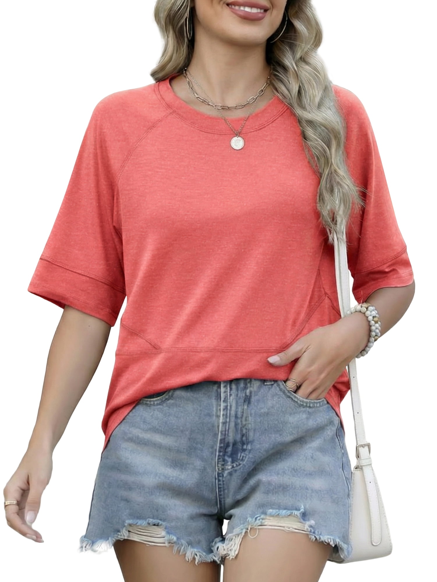 Fancyglim Women Summer Tops Casual Crew Neck Blouse Batwing Basic Half ...
