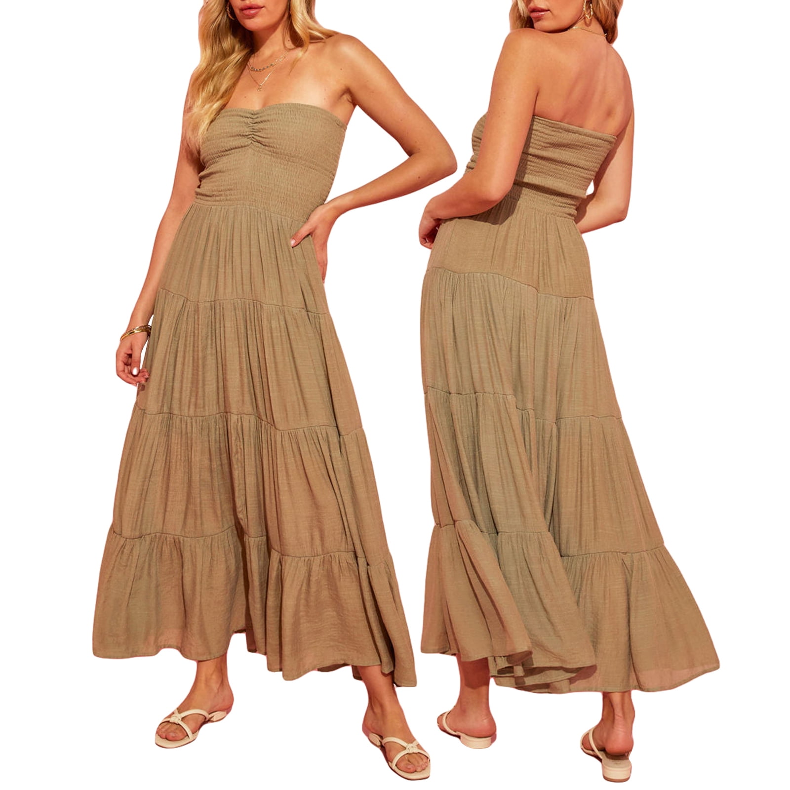 Womens Summer Tube Top Dress Strapless Tiered Y2k Dress Flowy Beach Dress