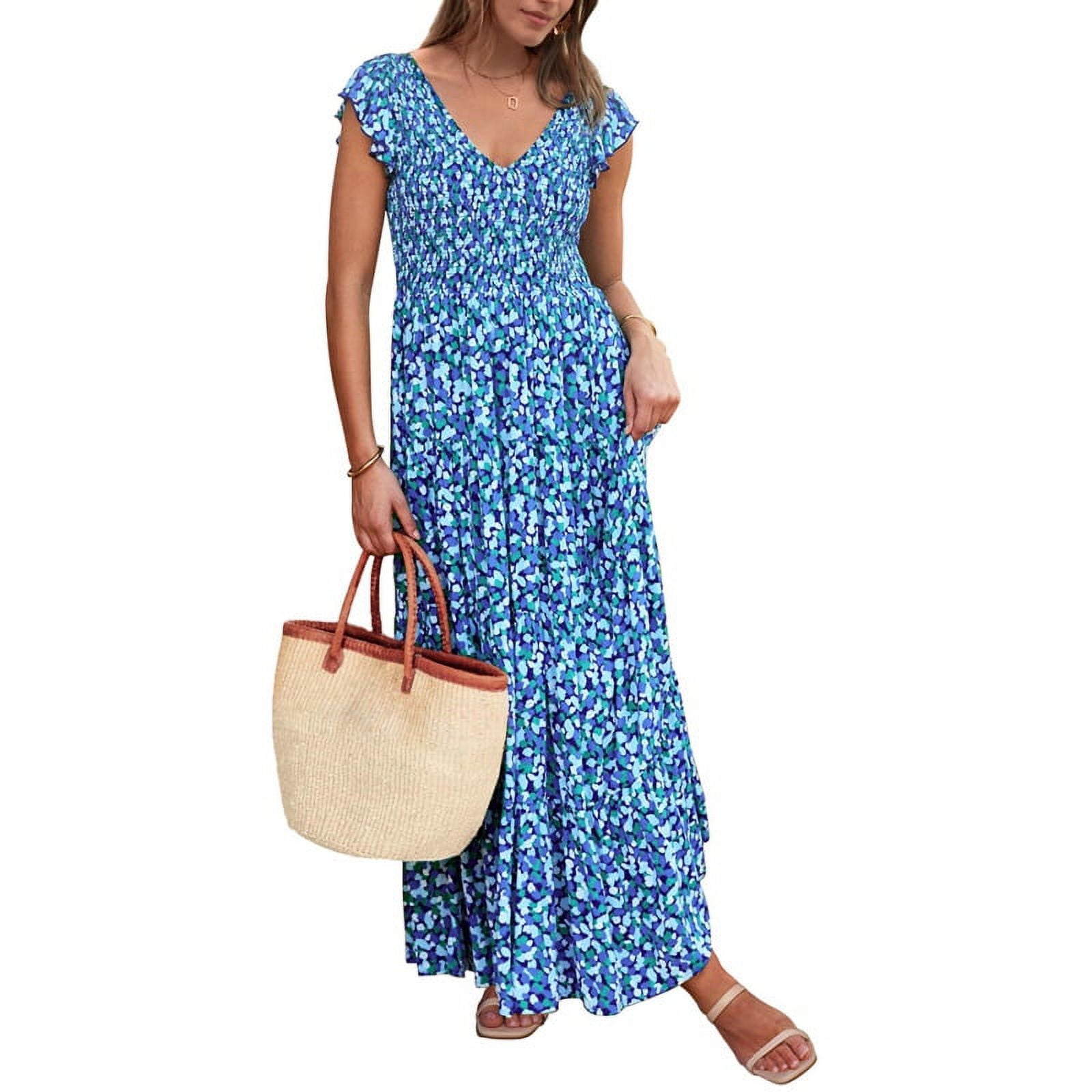 Women's Summer V-Neck Flutter Sleeve Dresses, Backless Long Dress Blue ...