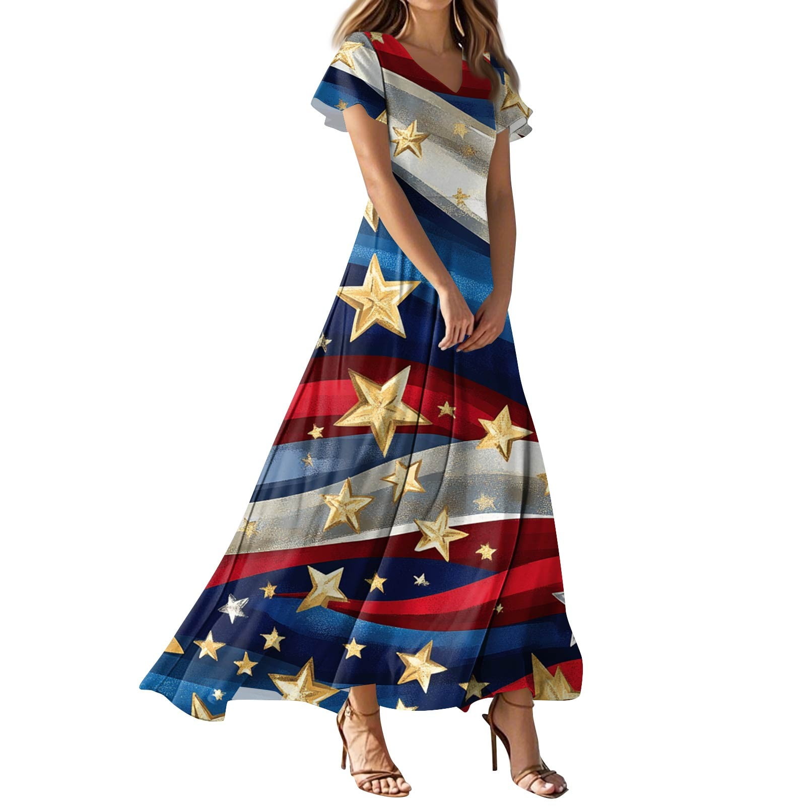 Women's Summer V-Neck Short Sleeve Maxi Dress, Independence Day ...