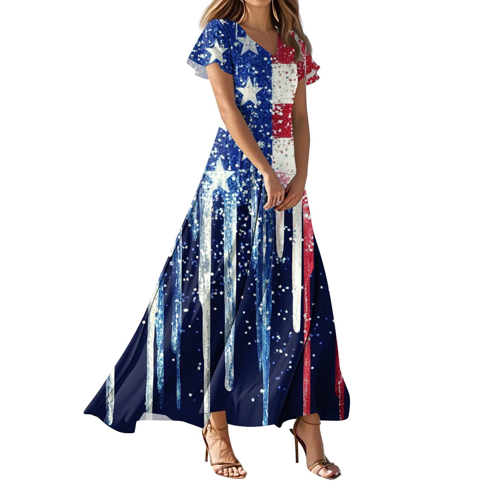 Women's Summer V-Neck Short Sleeve Maxi Dress, Independence Day ...