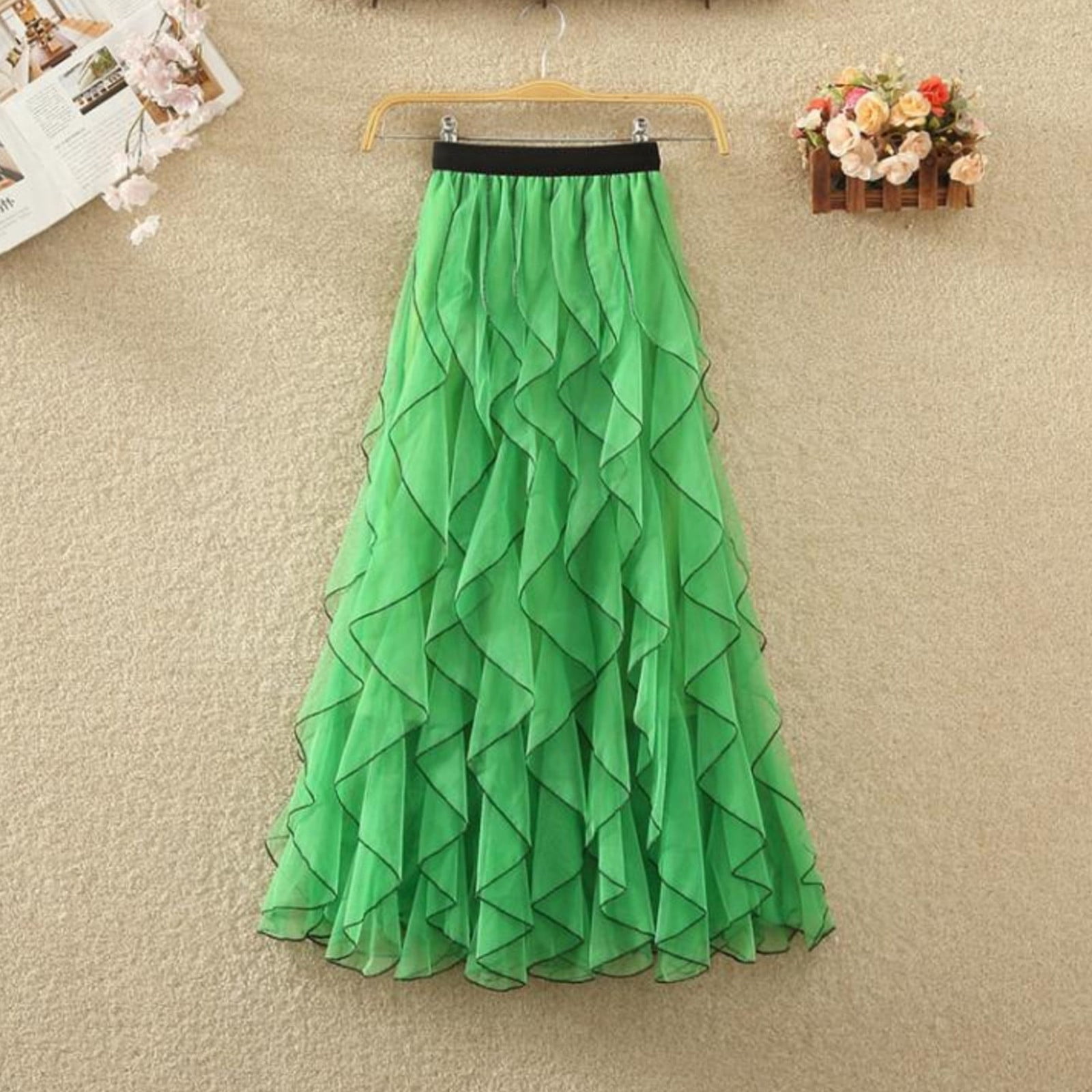 Women's Summer Waisted Fairy Ruffle Skirt Mid To Long Wavy Mesh Half ...