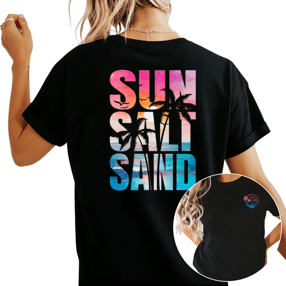 Women's "Sun Salt Sand" Palm Tree Beach Graphic T Shirt Tropical Summer ...