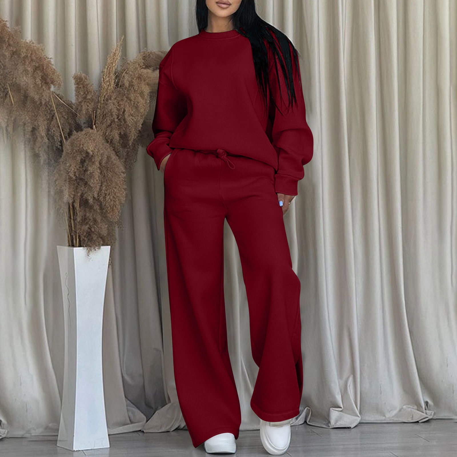 Women's 2 Piece Sweat Suit Jogger Set Tracksuit Solid Color Casual ...