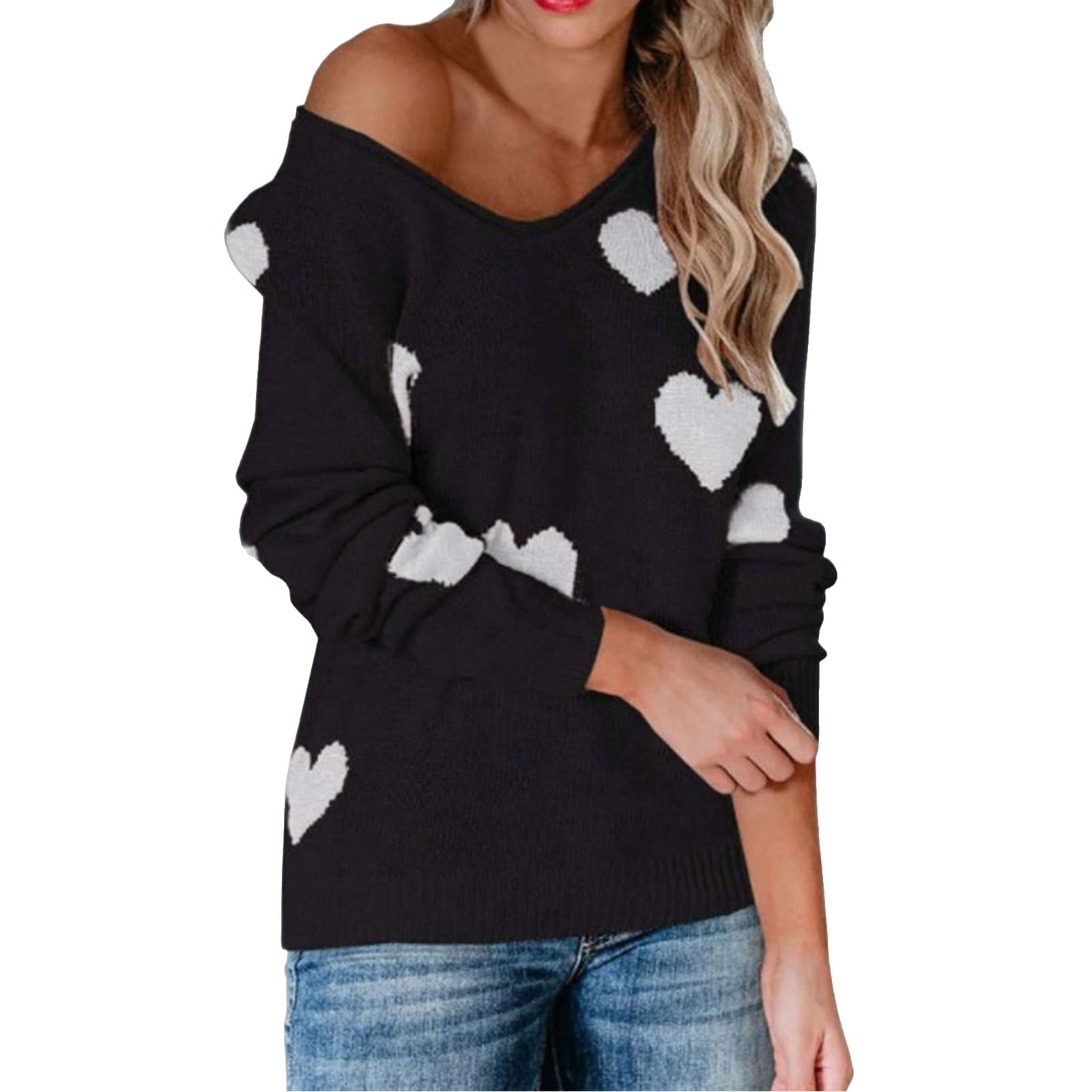 Women's Sweater Cute Heart Love Print Valentine Romantic Knitted Top V ...