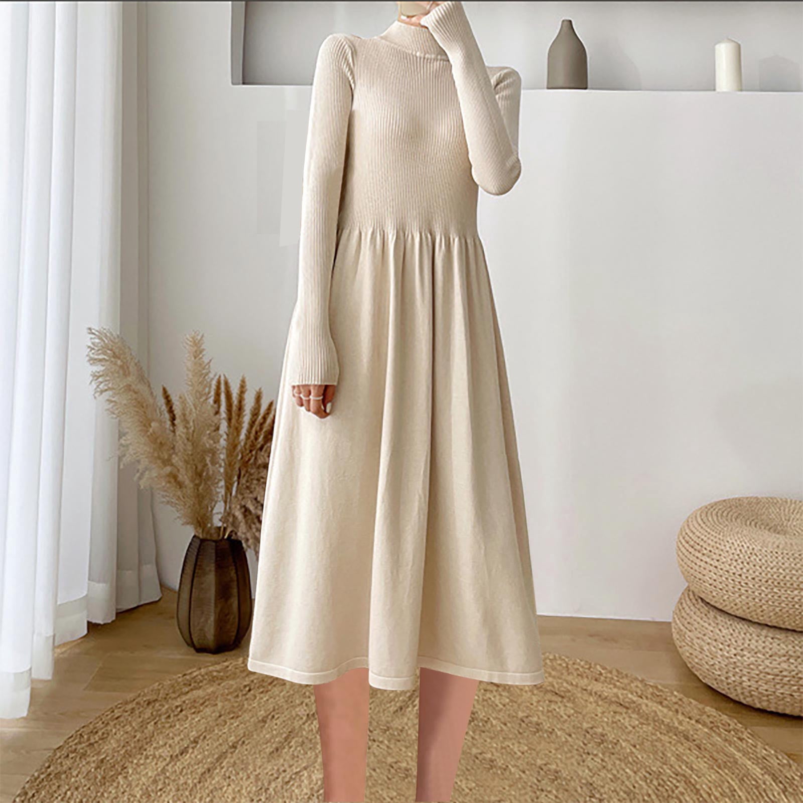 Women's Sweater Dress, Long Sleeve Knit Dress with Semi-High Collar for ...