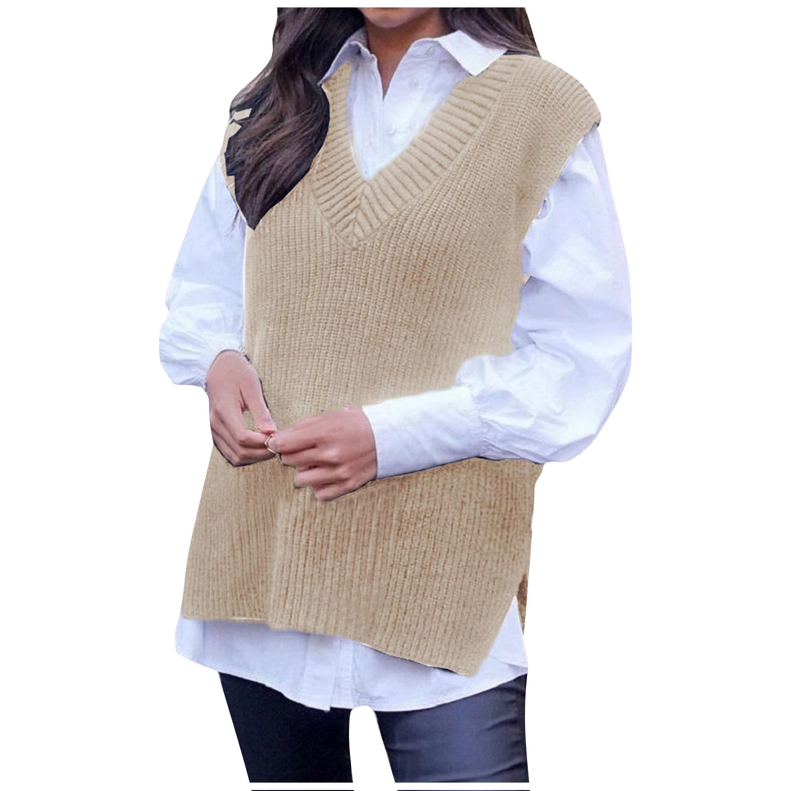 Women's Sweater Vest Casual V-Neck Pullover Shirt Collision Color ...