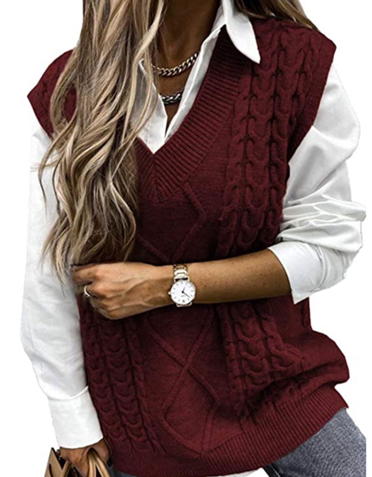 Women's Sweater Vests Cable Knitted Sleeveless Vest Sweaters V Neck ...