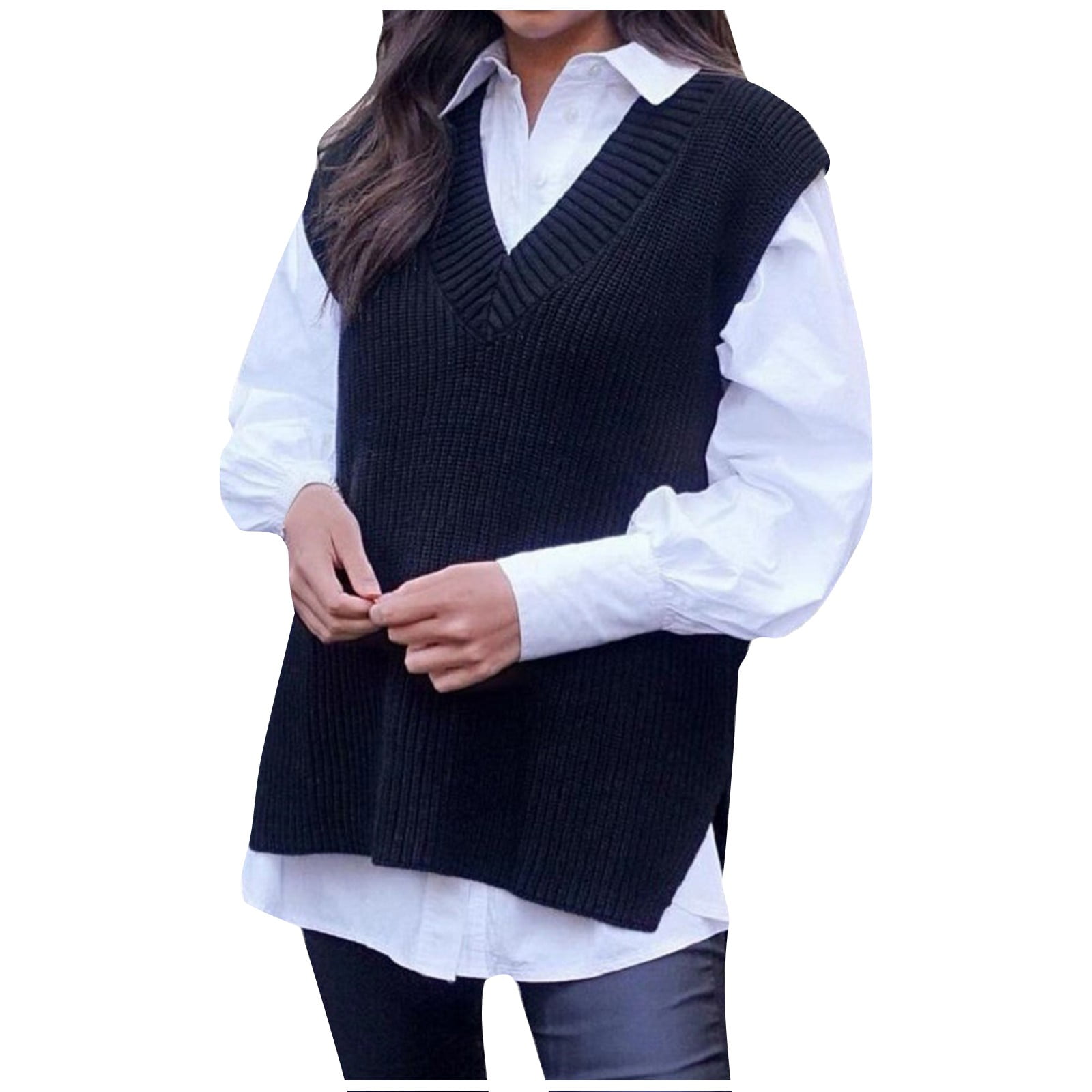 Women's Sweater Vests Casual V-Neck Pullover Shirt Collision Color ...
