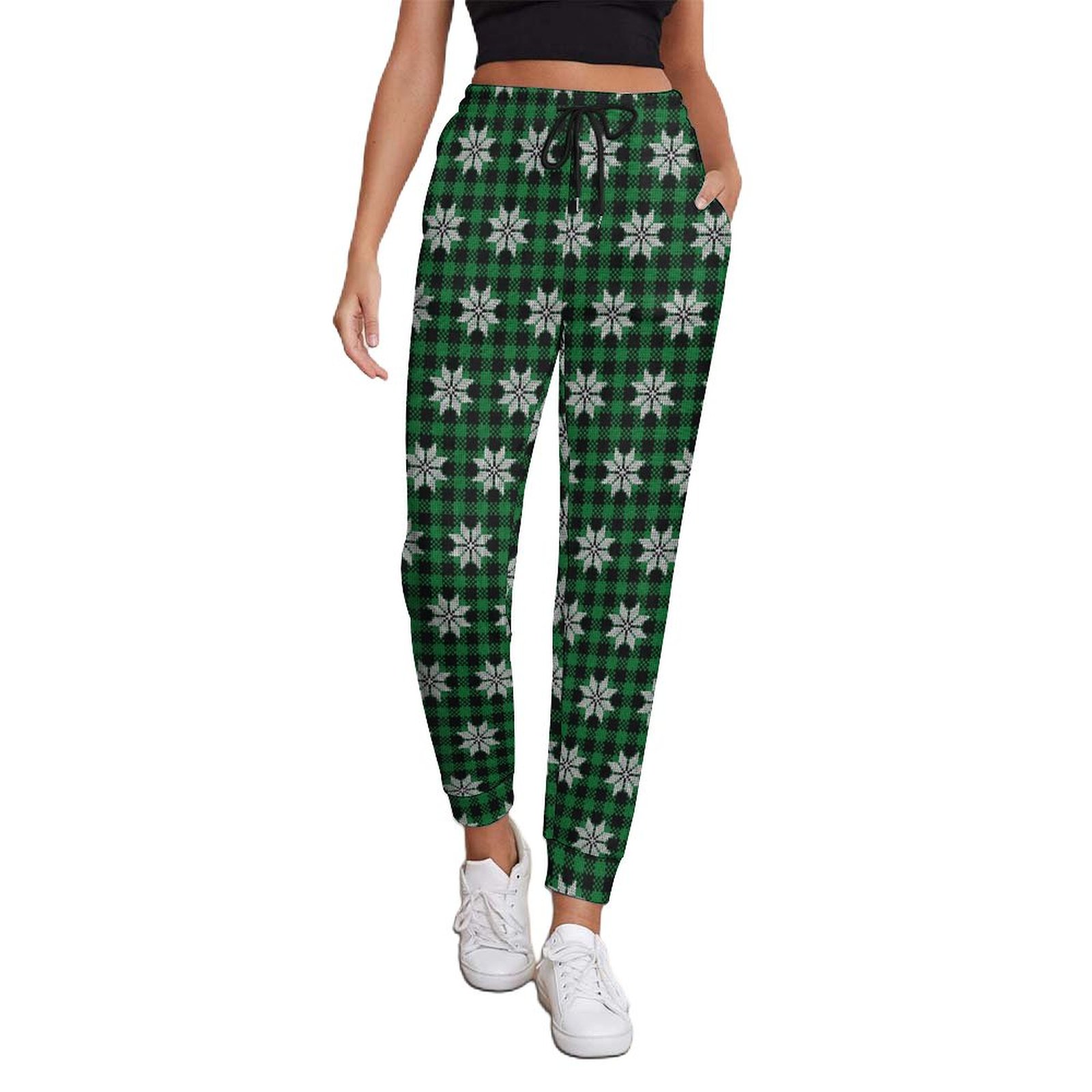 Women's Sweatpants, Green Buffalo Plaid Merry Christmas Baggy ...