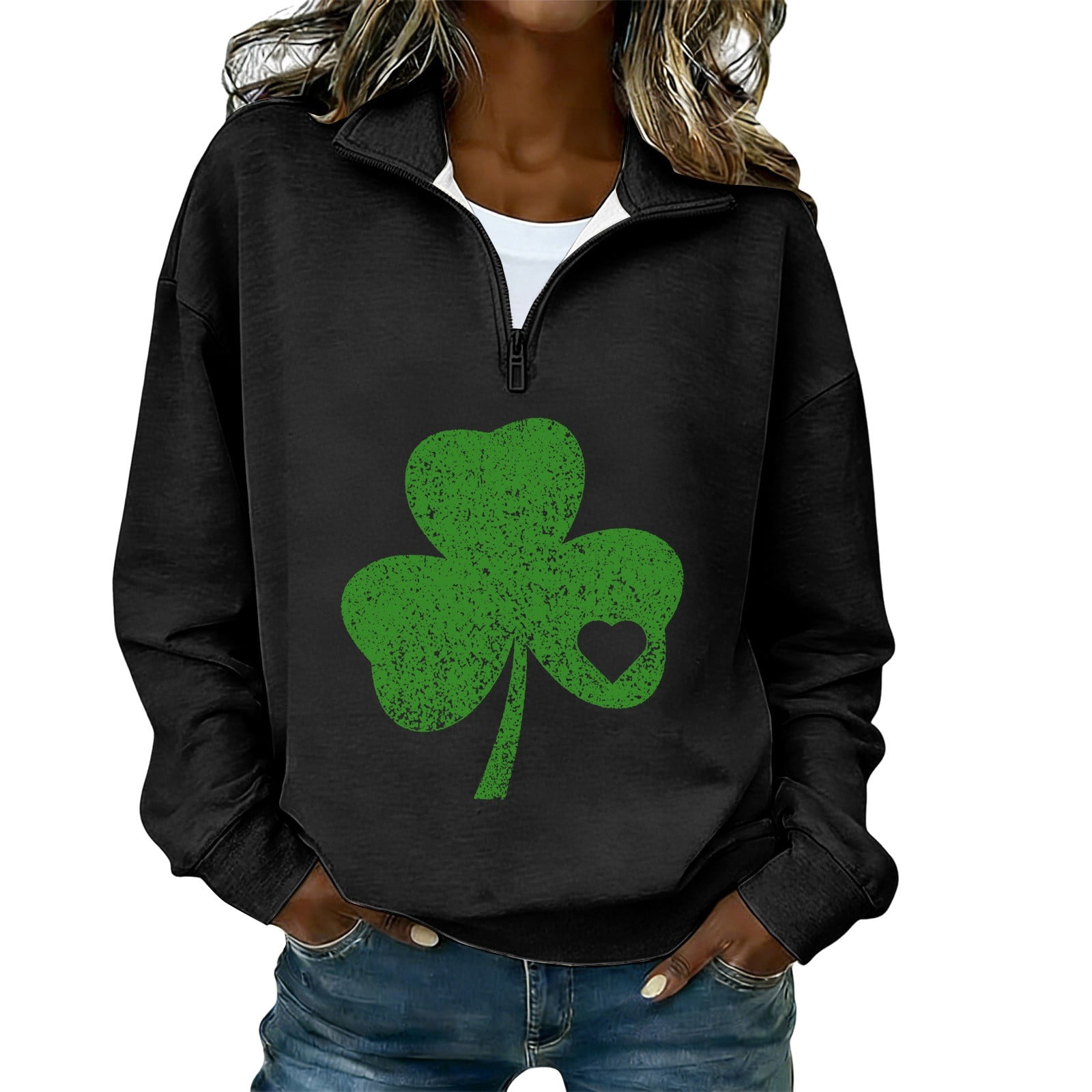 Women's Sweatshirt St. Day Print Sweatshirt Half Zip Collar Festive ...
