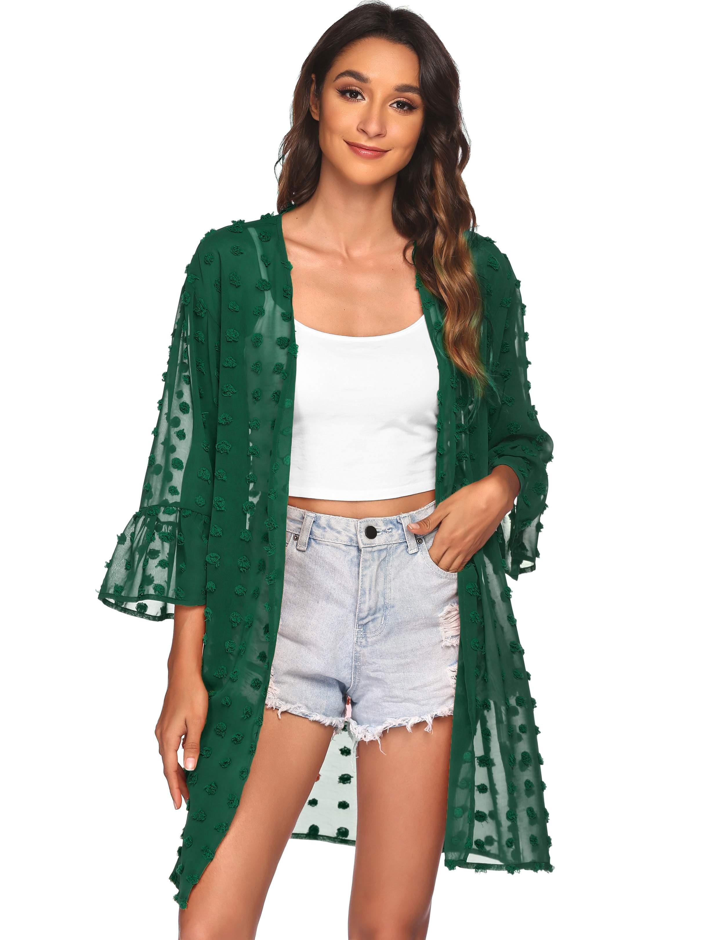 Women's Swimsuit Coverup Beach Chiffon Cardigan Sheer Open Front 3/4 ...