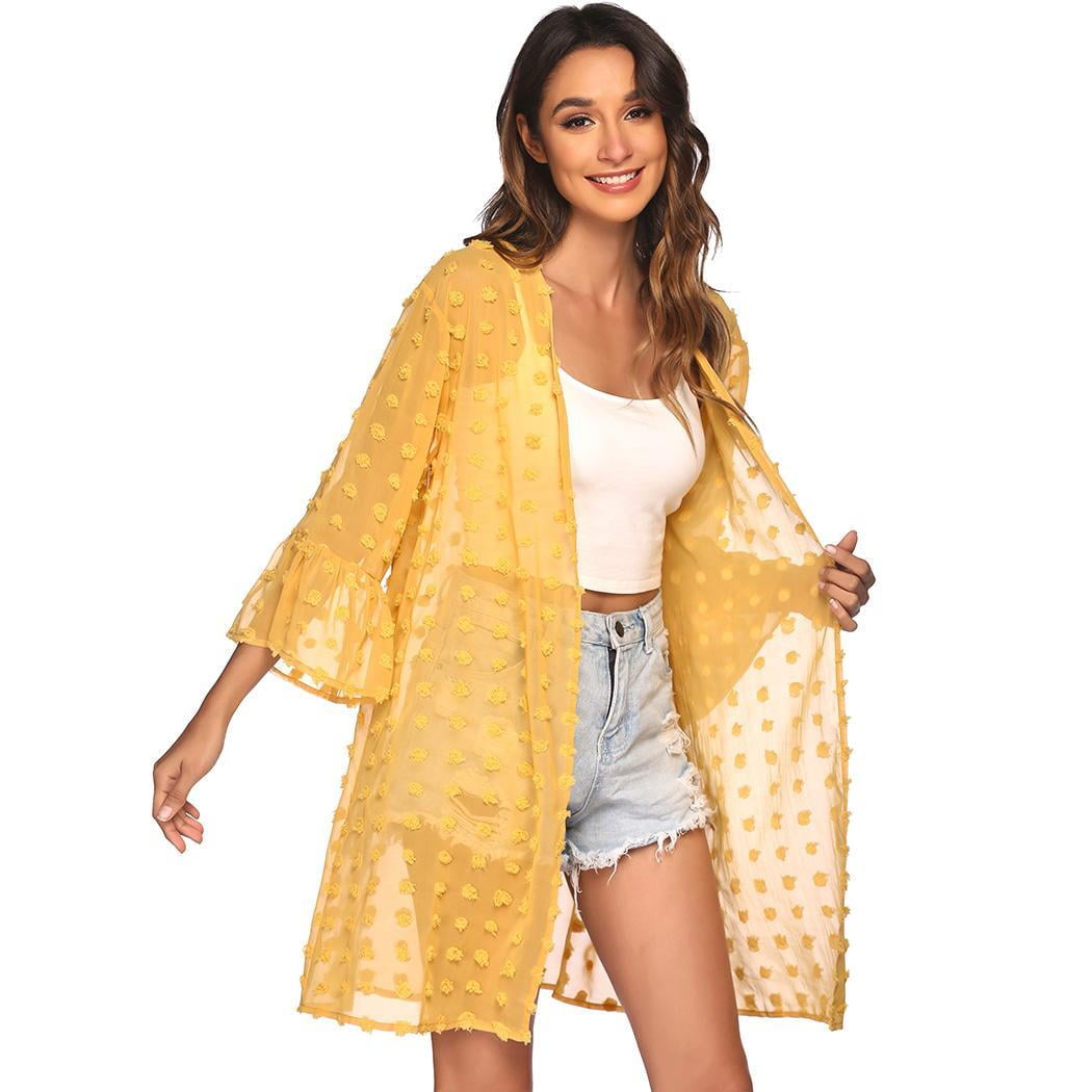 Women's Swimsuit Coverup Beach Chiffon Cardigan Sheer Open Front 3/4 ...