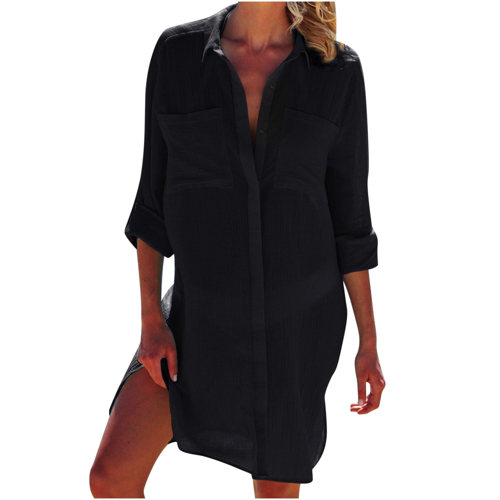 Women's Cotton Swimsuit Coverup, Button Down Shirt Dress, Beach Casual ...
