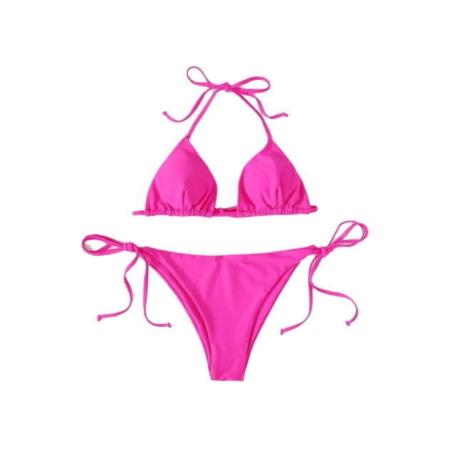 Womens Swimsuit Halter Triangle Bra With Tie Side Panty Bikini Set