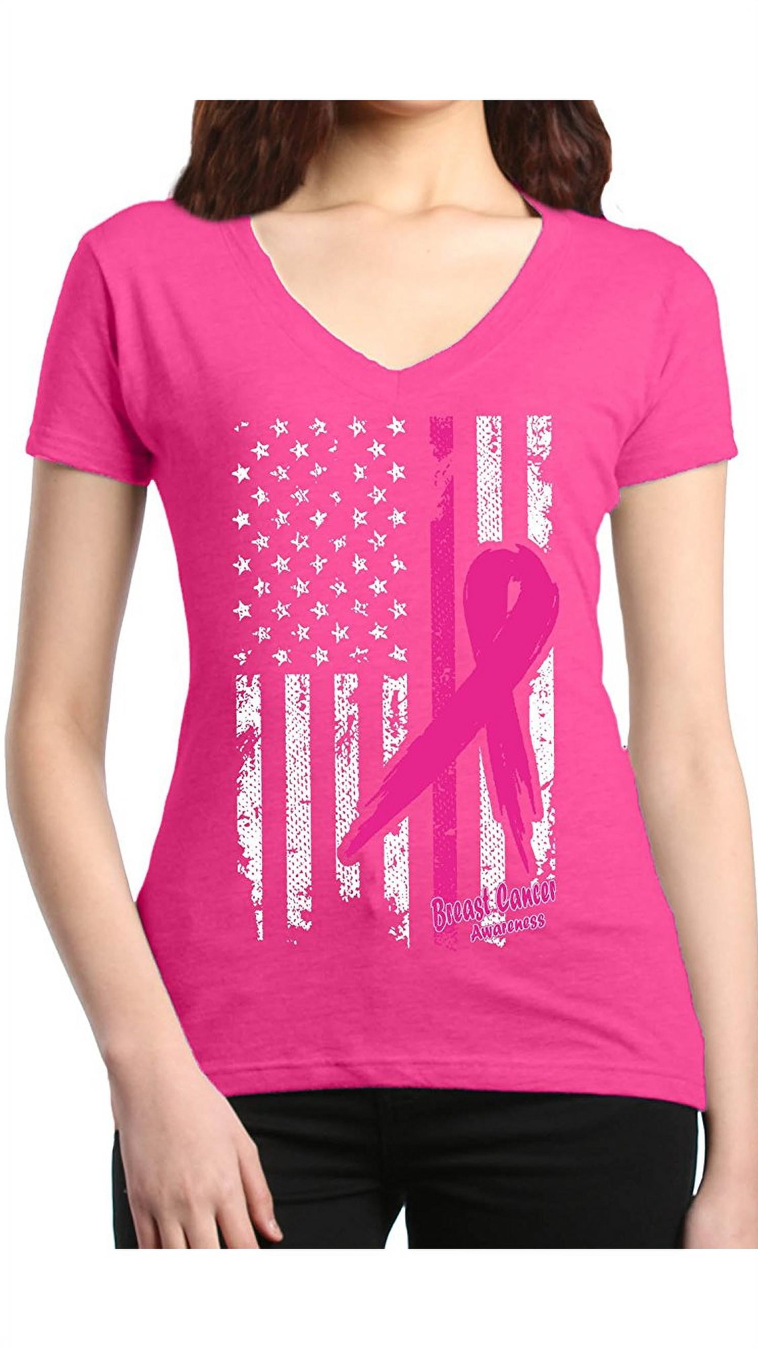 Women's T-Shirt V-Neck Short Sleeve - Cancer Ribbon American Flag ...