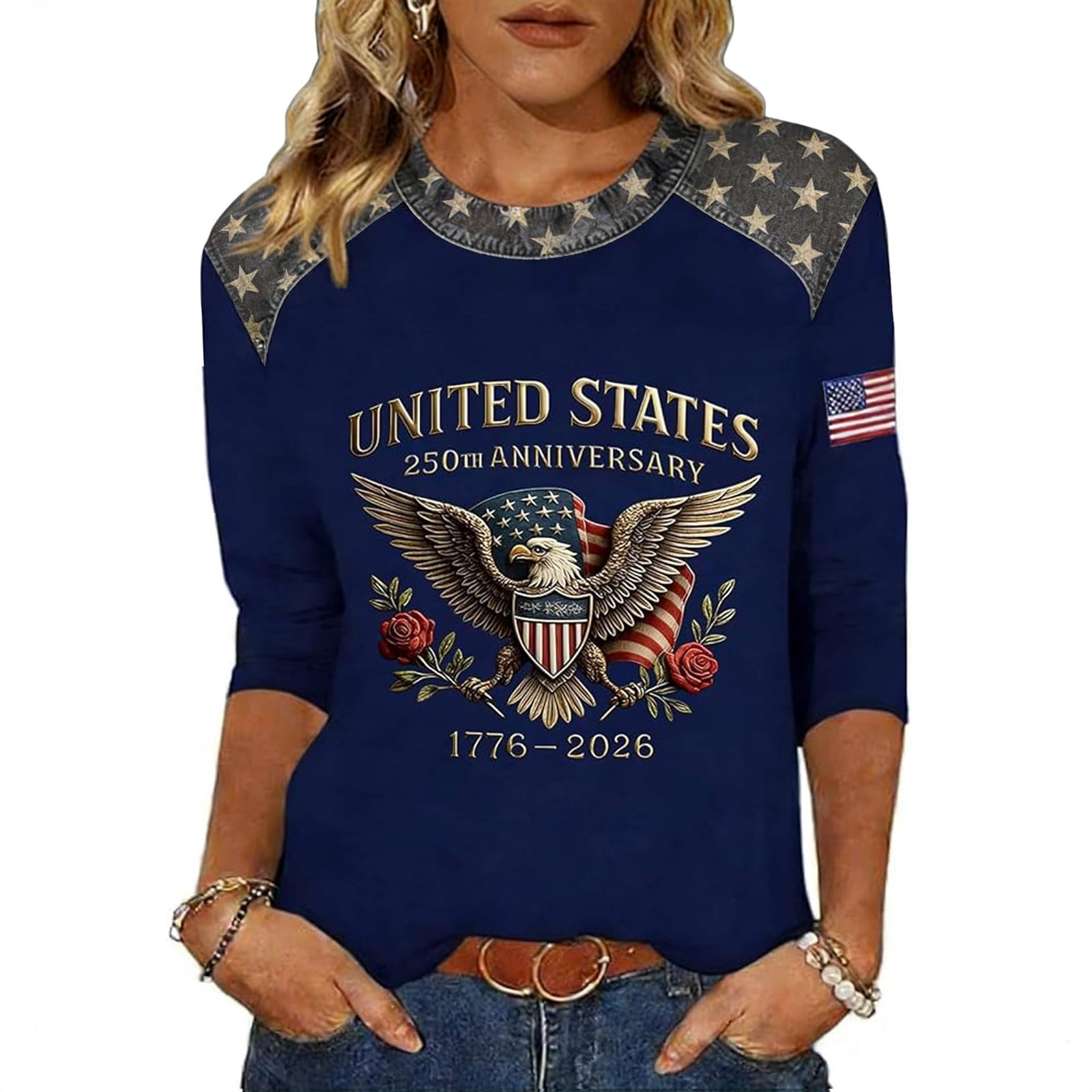 Women's T-Shirts America 250 Patriotic Eagle Graphic Crew Neck 3/4 ...