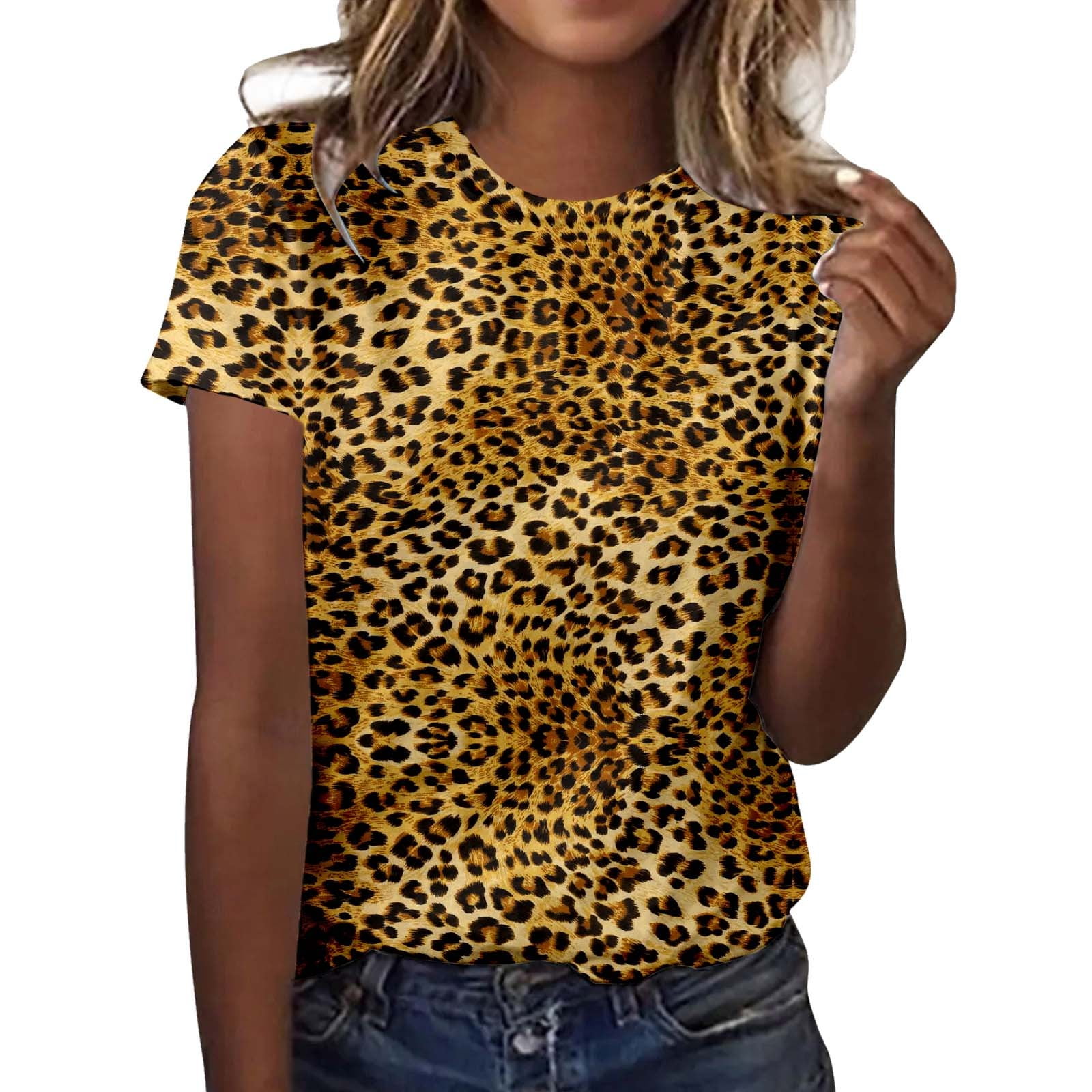 Women's T-Shirts Basic Tops Leopard Print Short Sleeve Crewneck Casual ...