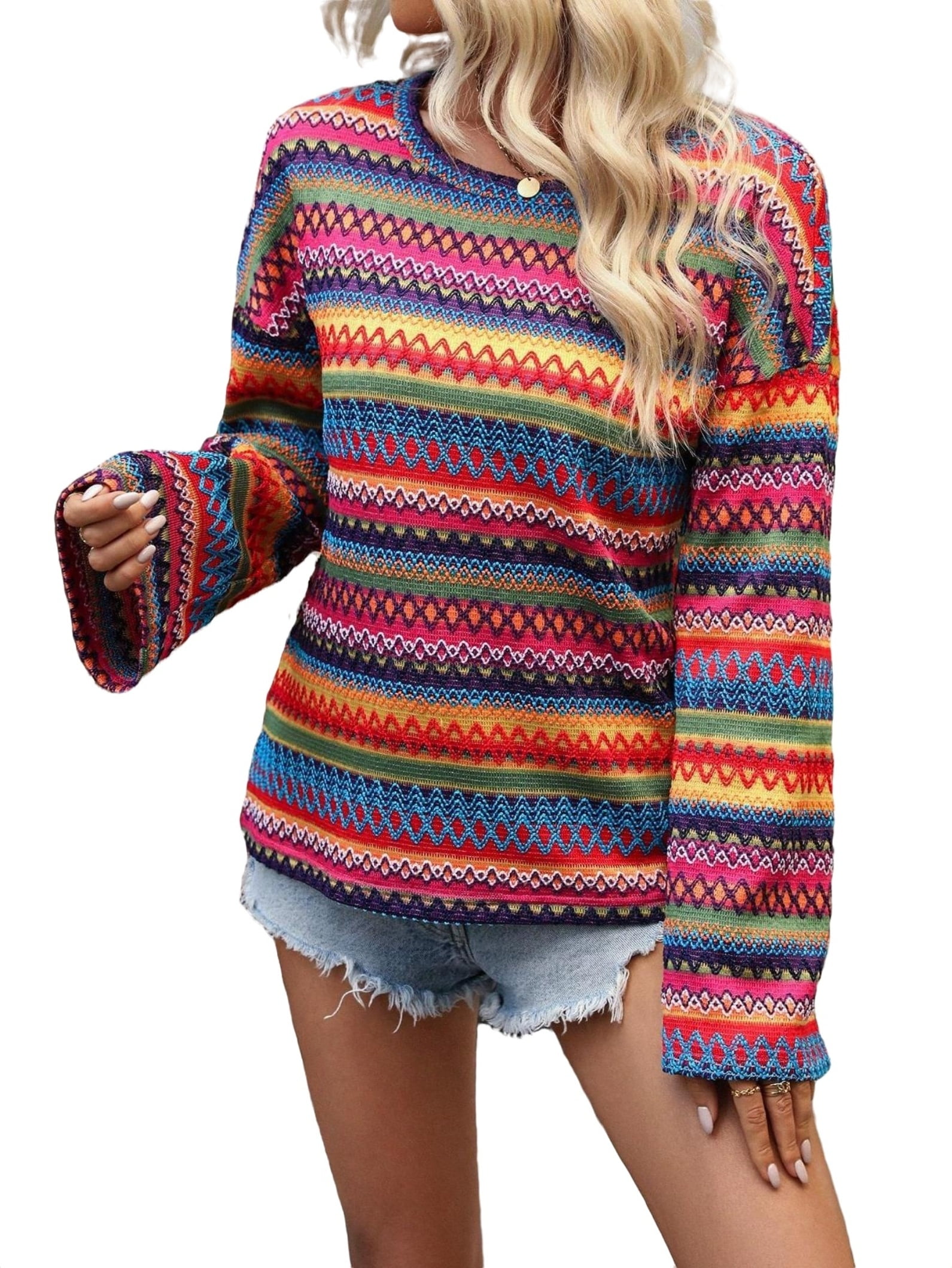 Women's T-Shirts Casual Geometric Scoop Neck Multicolor Long Sleeve S ...