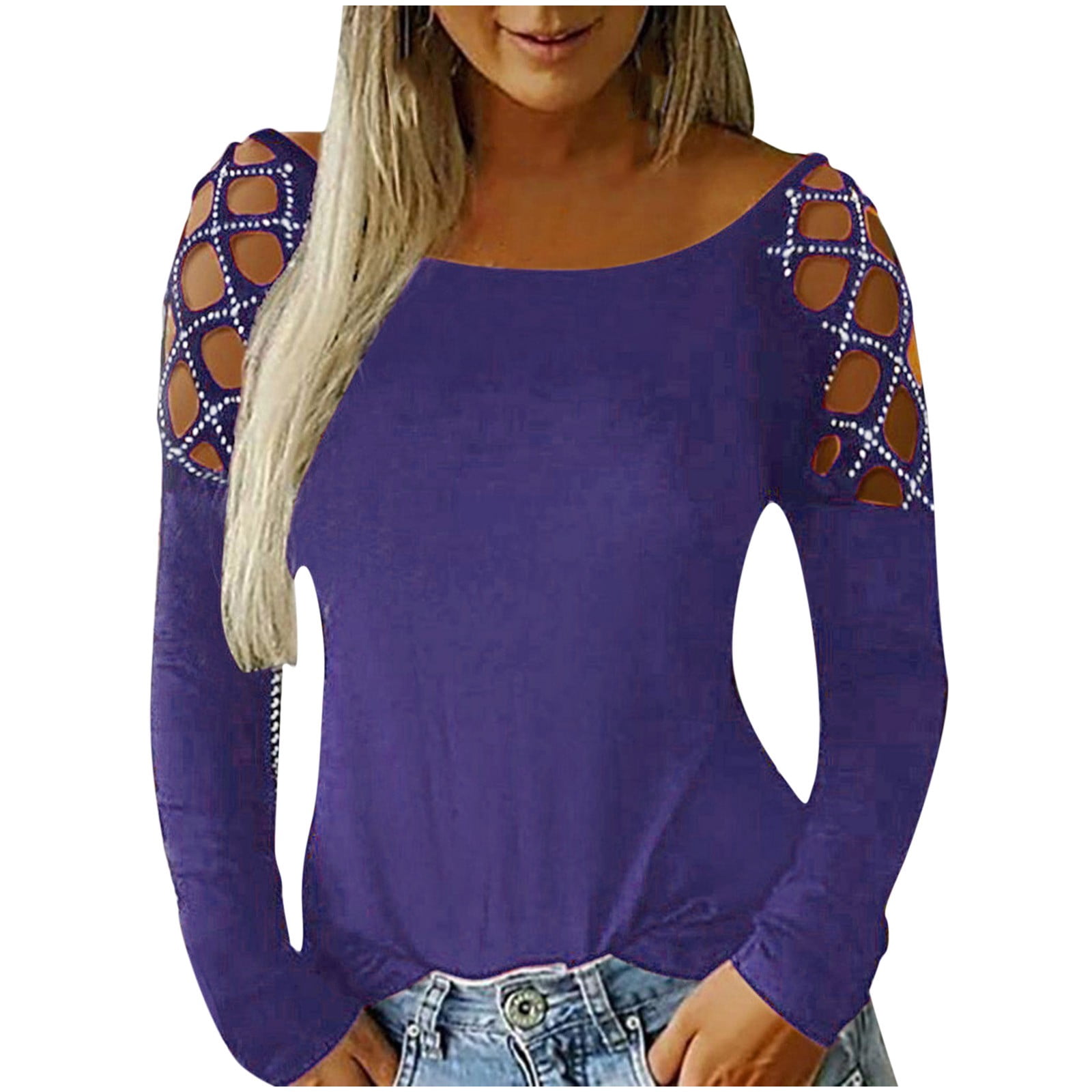 Women's T-Shirts Long Sleeve Womens Fall Tops Gothic Cross Lace Insert ...