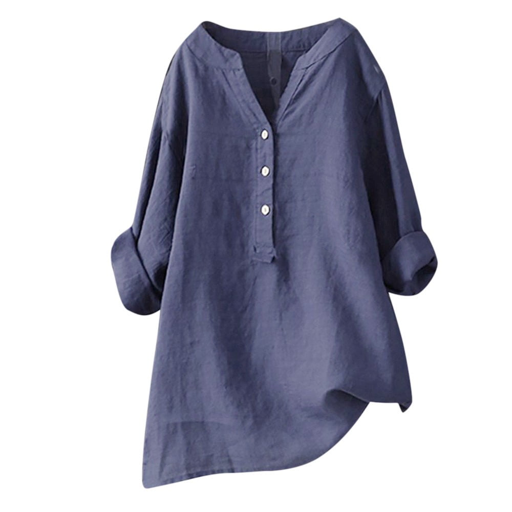 Women's T-Shirts Loose Button Down Blouse Tops Stand Solid Sleeve ...