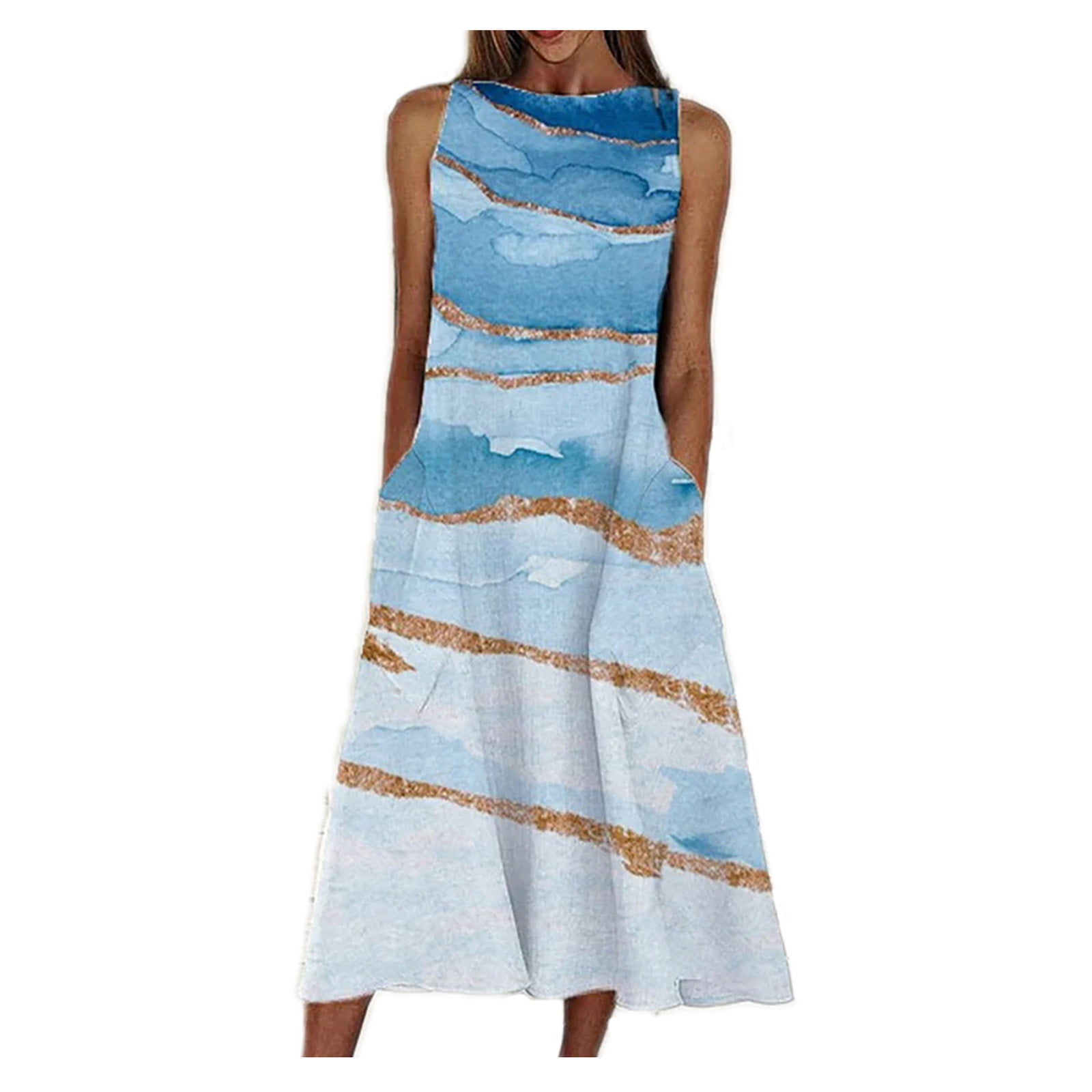 Women's Tank Dress Sleeveless O-Neck Pocket Dress Casual Print Crewneck ...