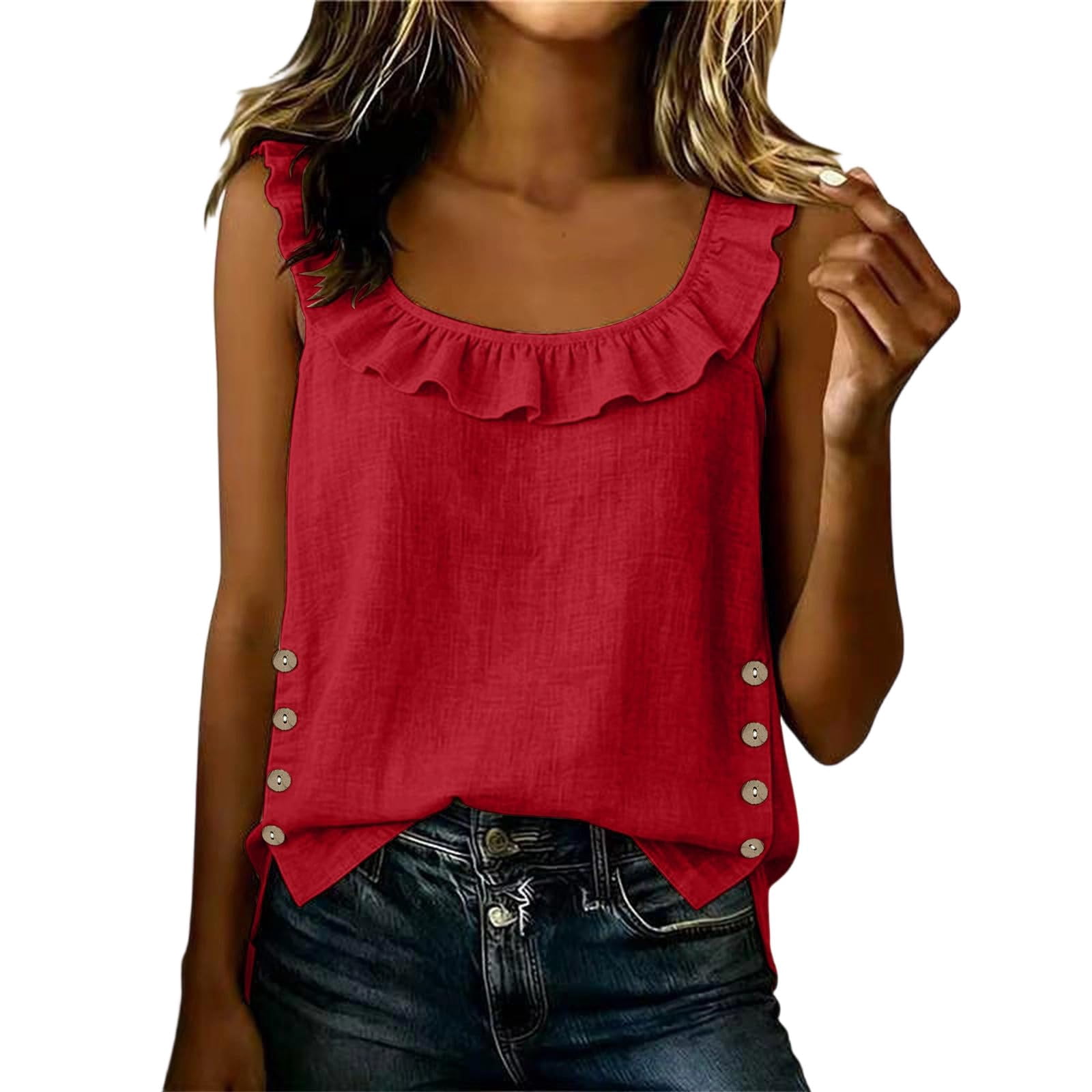 Women's Tank Top Cute Ruffle Scoop Neck Cute Cotton Linen Blend Summer ...