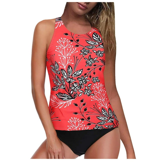 Womens Tankini High Waist High Neck Halter Tummy Control Two Piece