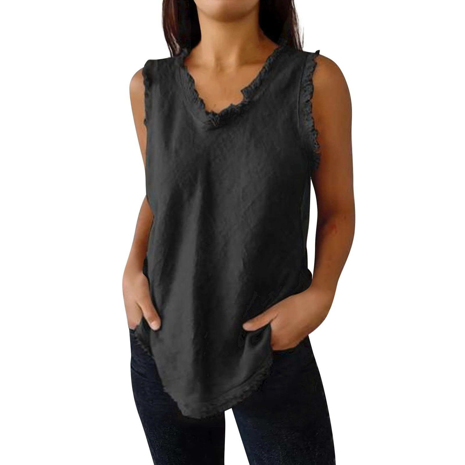 Women's Tanks Linen Sleeveless Tops For Women 2024 Summer Trendy Plain ...