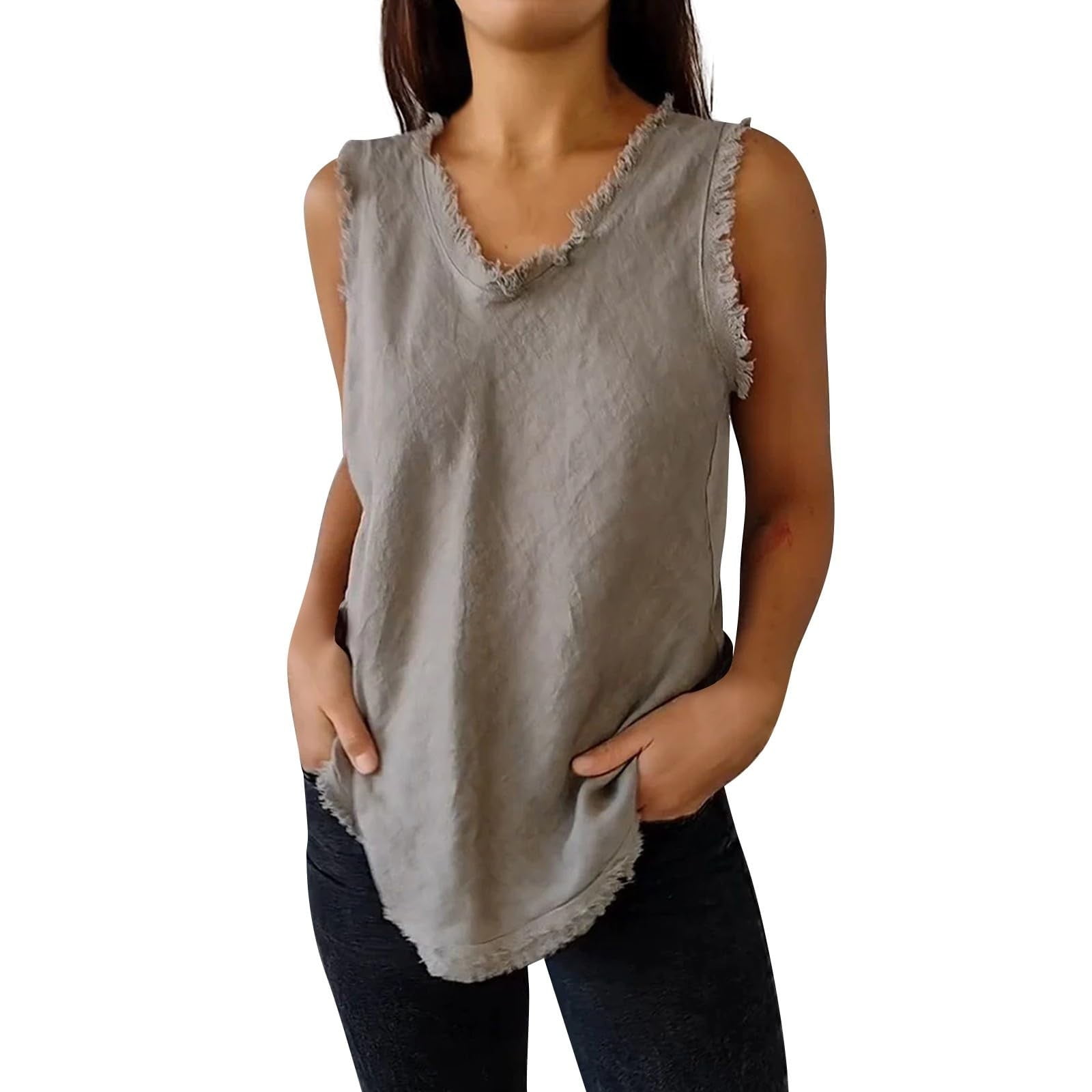 Women's Tanks Linen Sleeveless Tops For Women 2024 Summer Trendy Plain ...